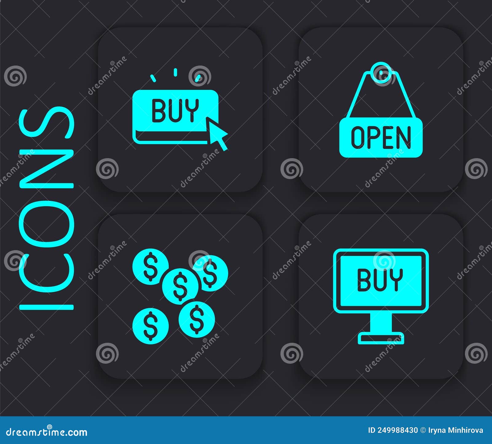 Set Buy Button, Hanging Sign with Text Open and Dollar Symbol Icon ...