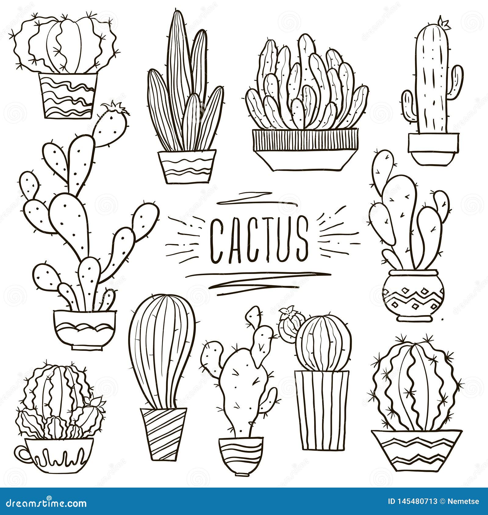 Set of Cacti Doodle Hand Drawn Stock Vector - Illustration of ...