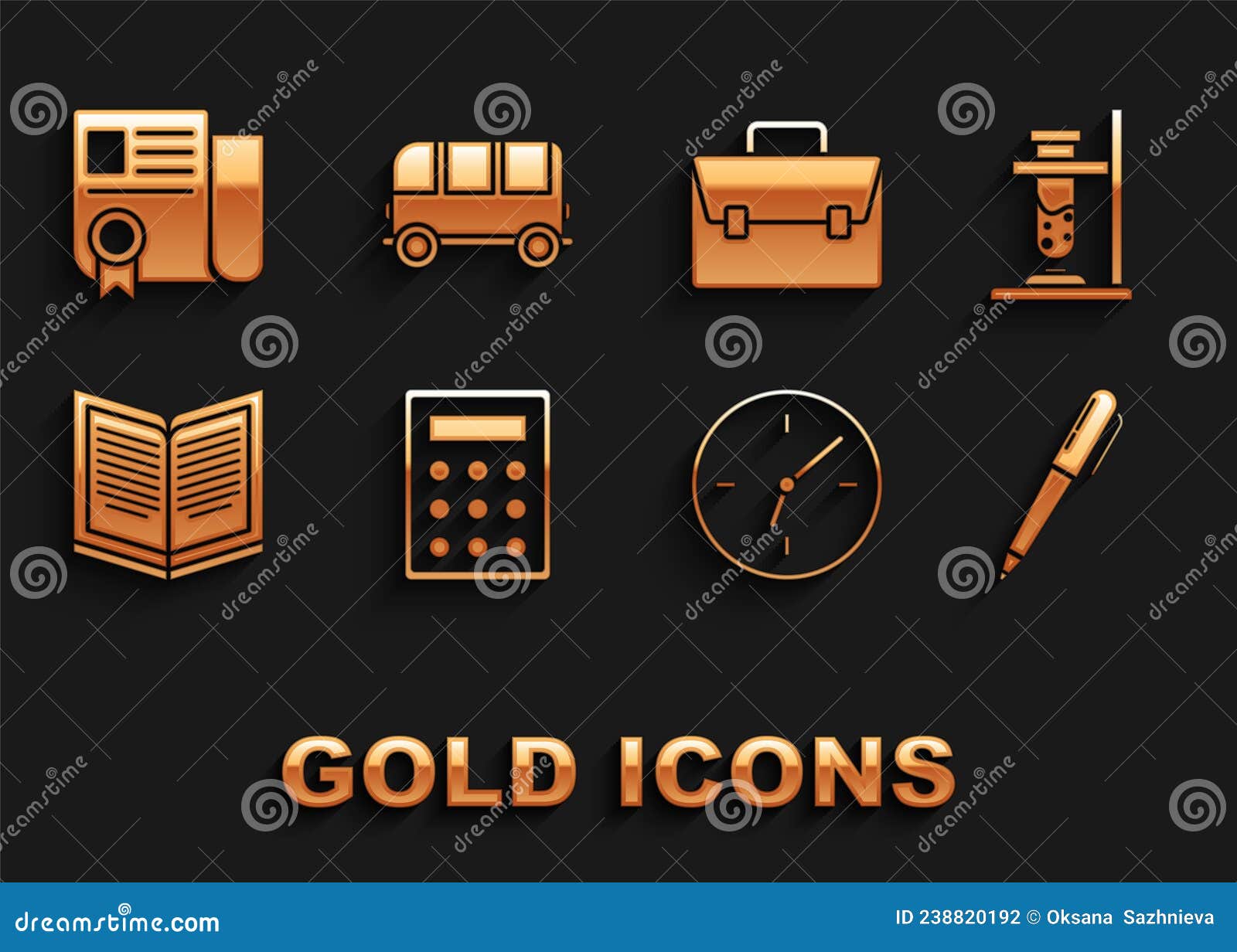 Set Calculator, Glass Test Tube Flask on Fire, Pen, Clock, Open Book ... Set Calculator, Glass Test Tube Flask on Fire, Pen, Clock, Open Book ...