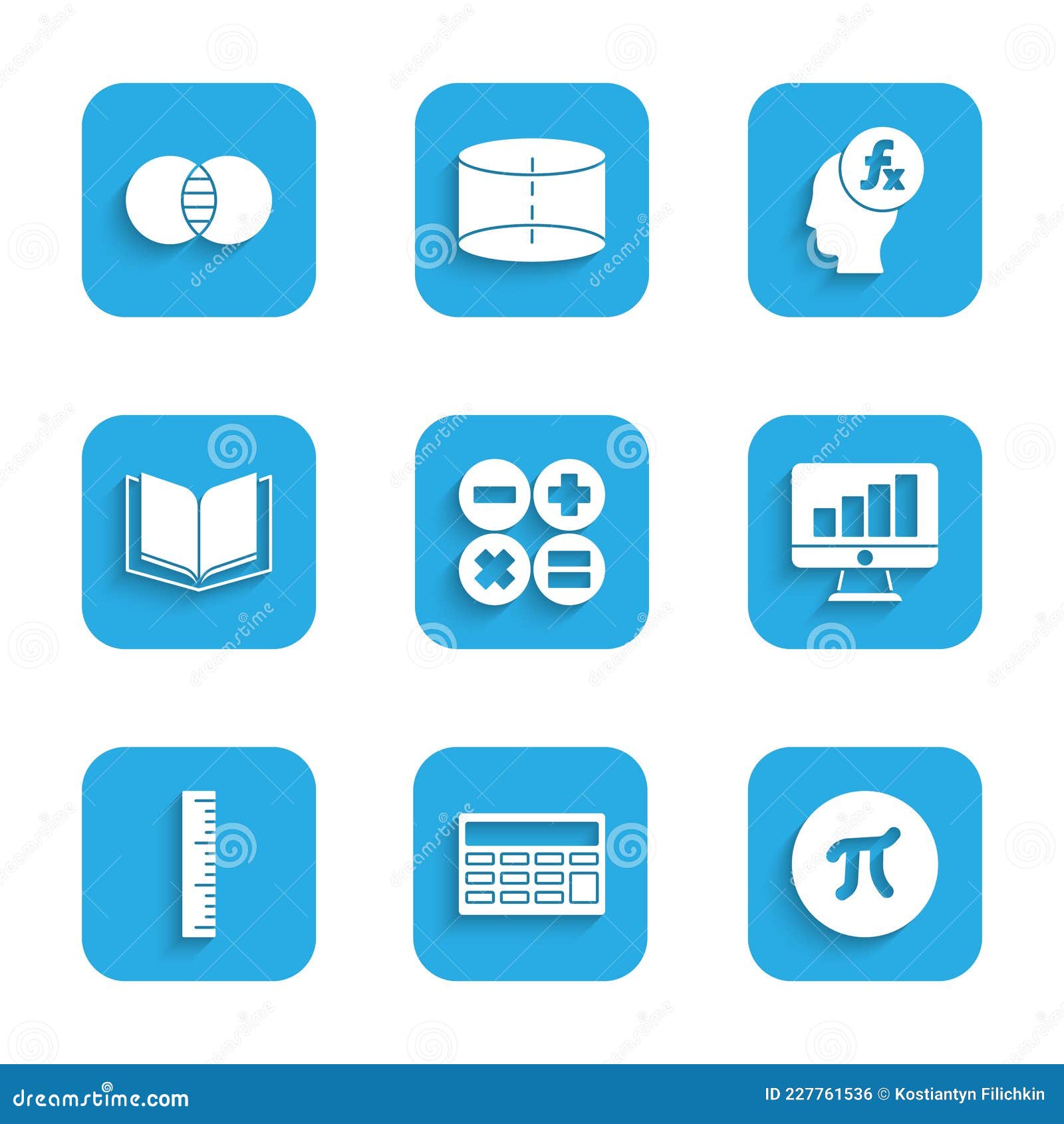 Set Calculator, Pi Symbol, Computer Monitor with Graph Chart, Ruler, Open Book, Function ...