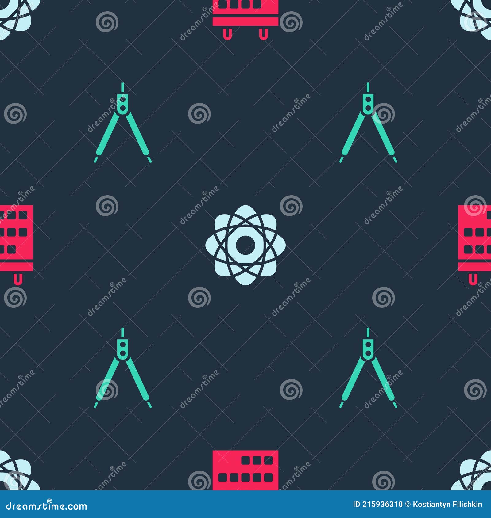 Set Calendar, Atom and Drawing Compass on Seamless Pattern. Vector ...