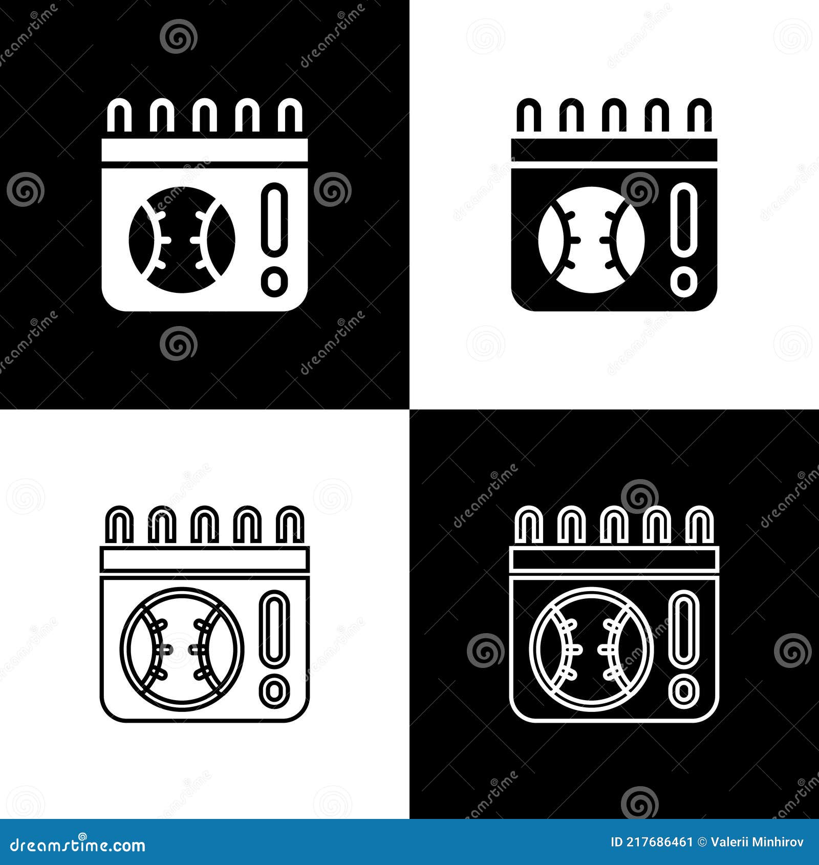 Set Calendar with Baseball Game Icon Isolated on Black and White ...