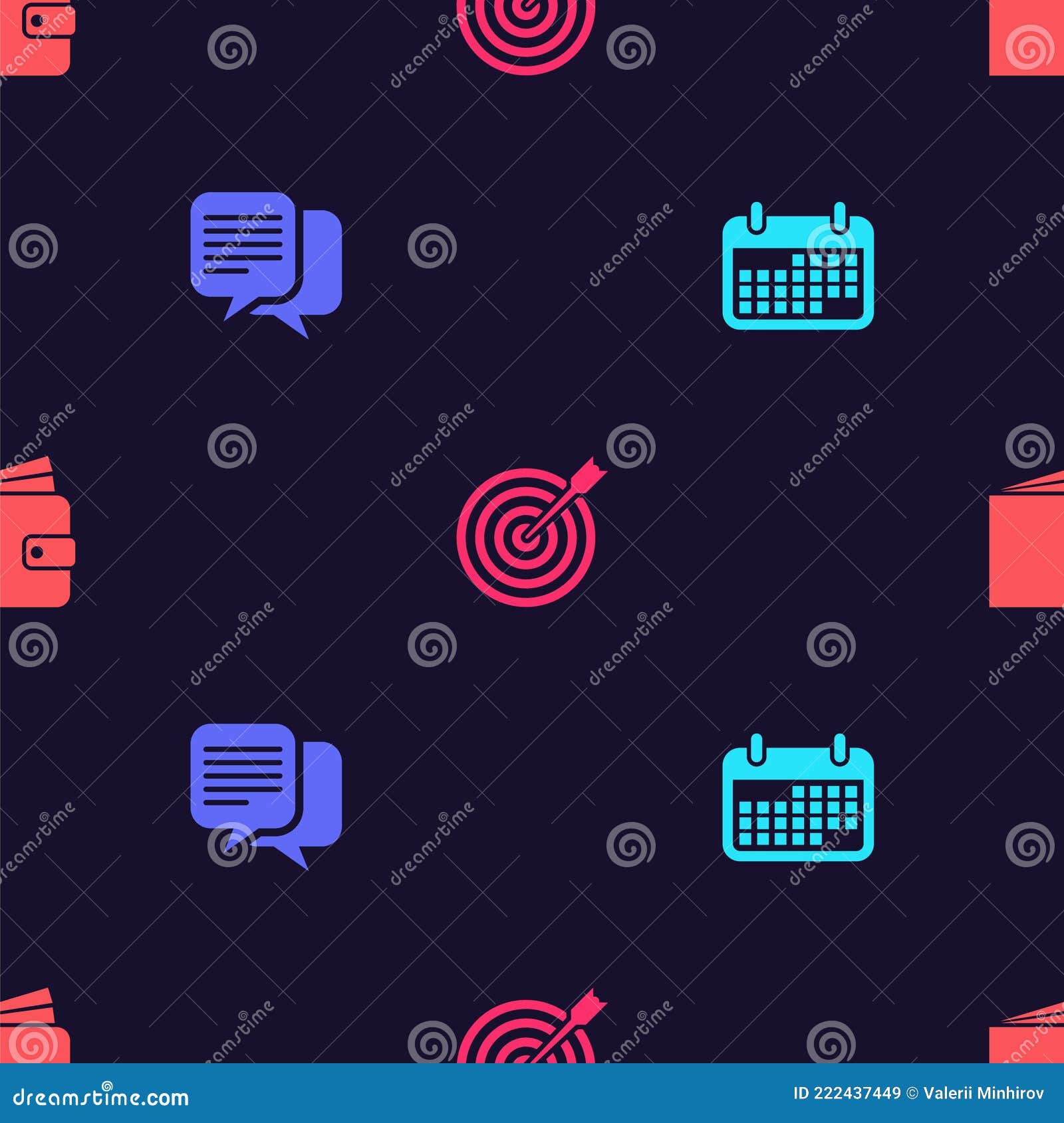 Set Calendar, Chat, Target with Arrow and Wallet on Seamless Pattern ...