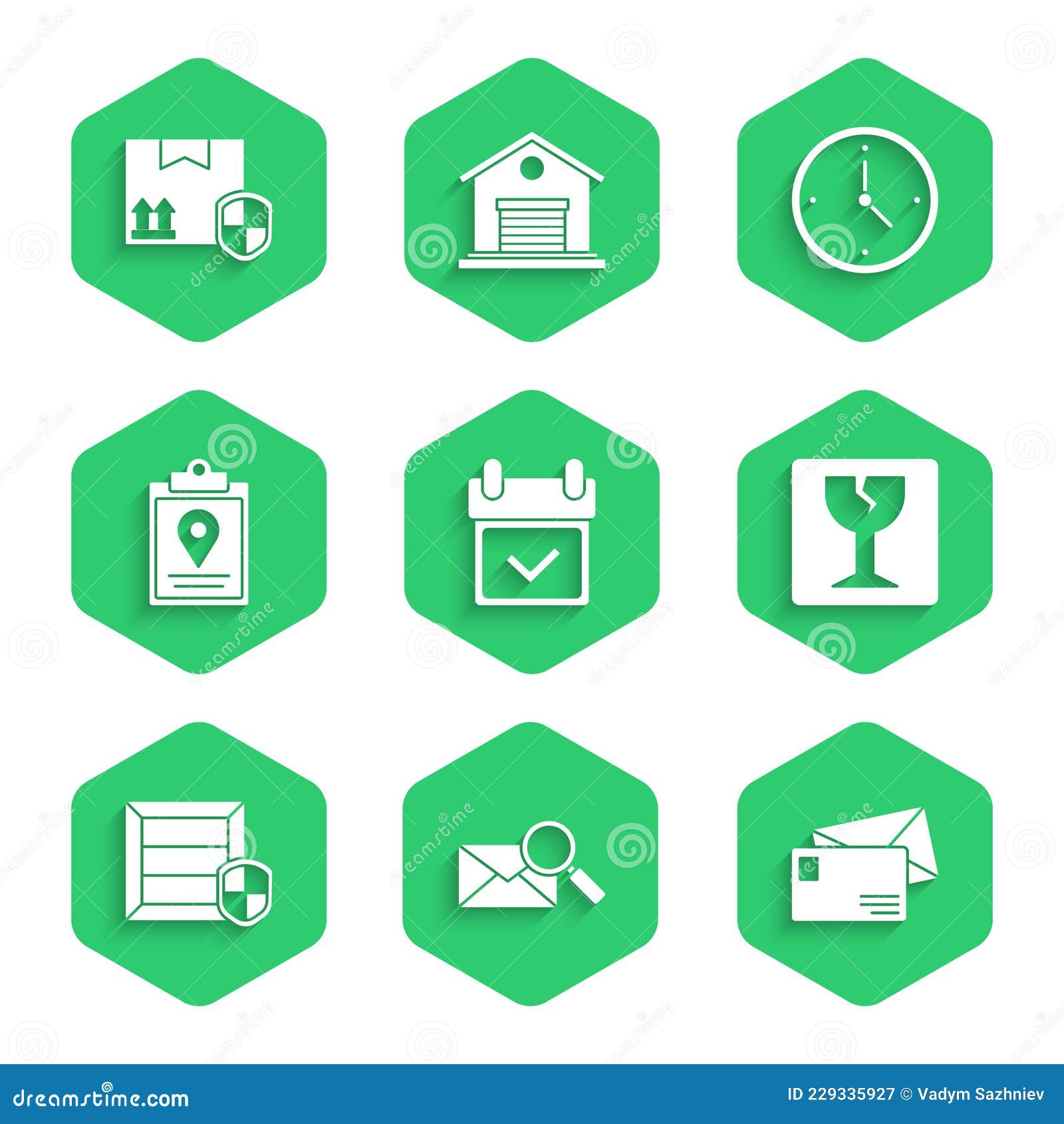 Set Calendar with Check Mark, Envelope Magnifying Glass, Fragile Broken ...