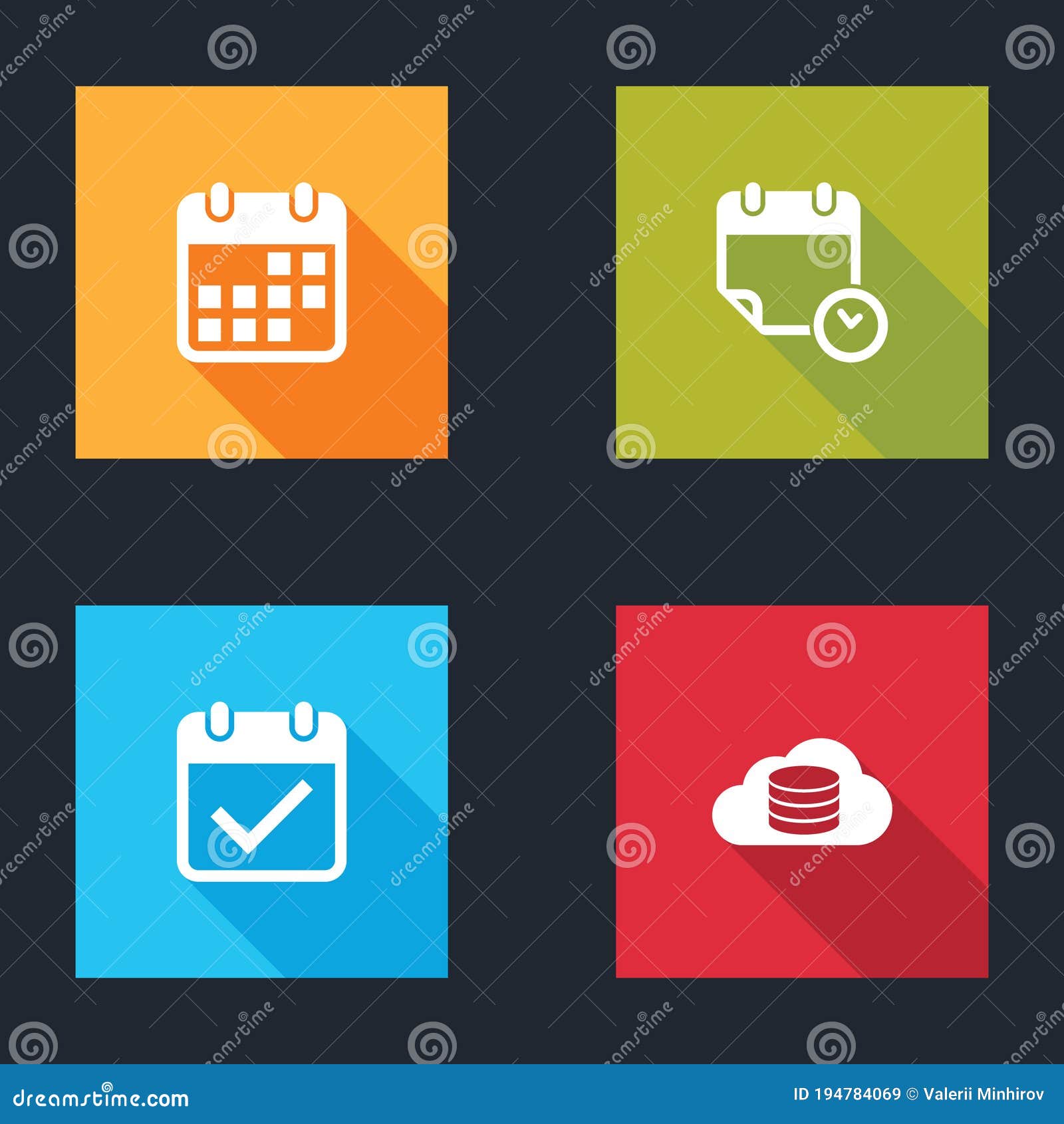 Set Calendar, and Clock, with Check Mark and Cloud Database Icon ...