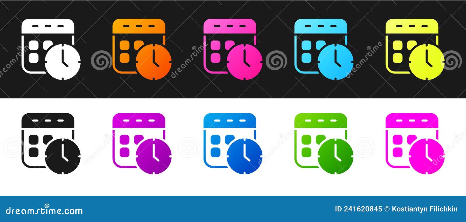 Set Calendar and Clock Icon Isolated on Black and White Background ...