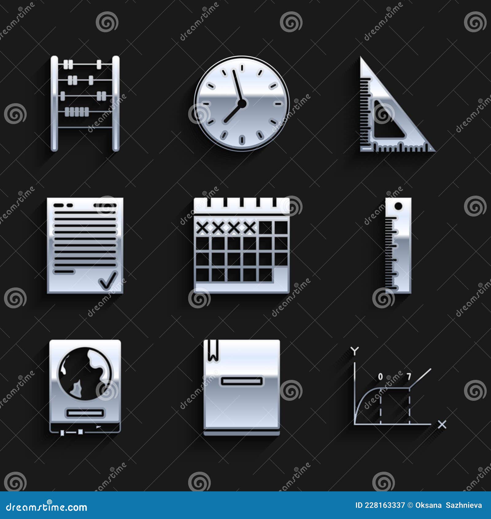 Set Calendar, Notebook, Pie Chart Infographic, Ruler, World Map on ...