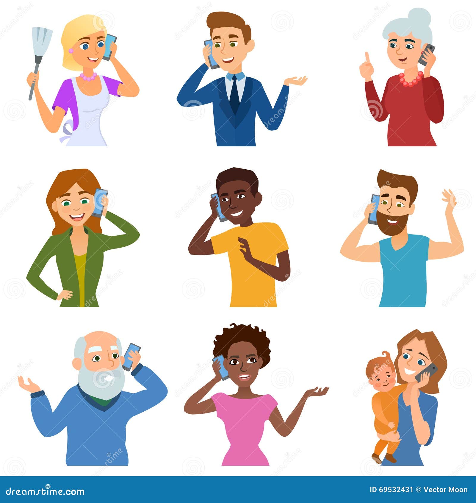 Set Of Calling Mobile Business Adult People Talking Phone Character