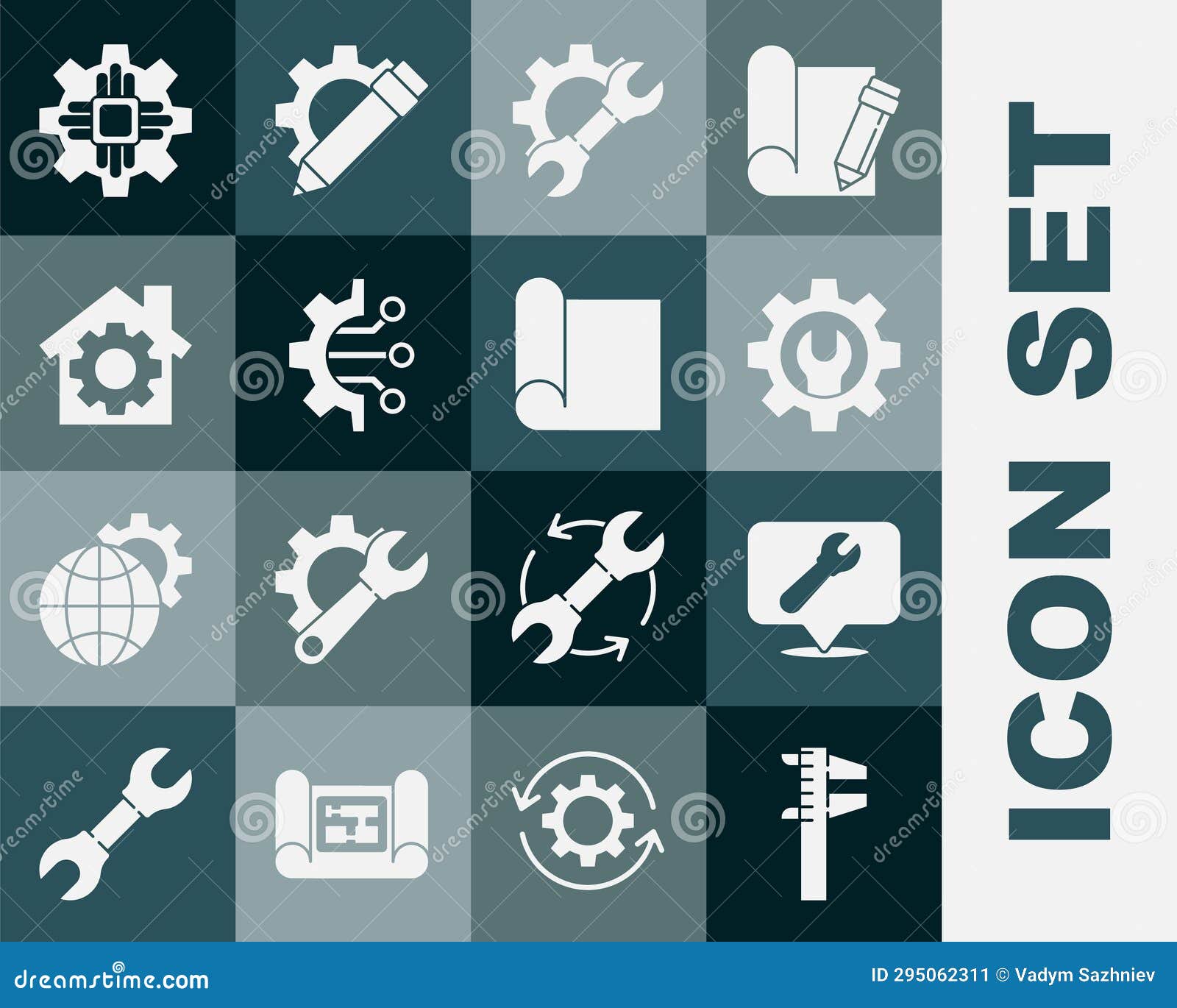 Set Calliper or Caliper and Scale, Location with Wrench Spanner, Wrench Gear, Algorithm, House ...