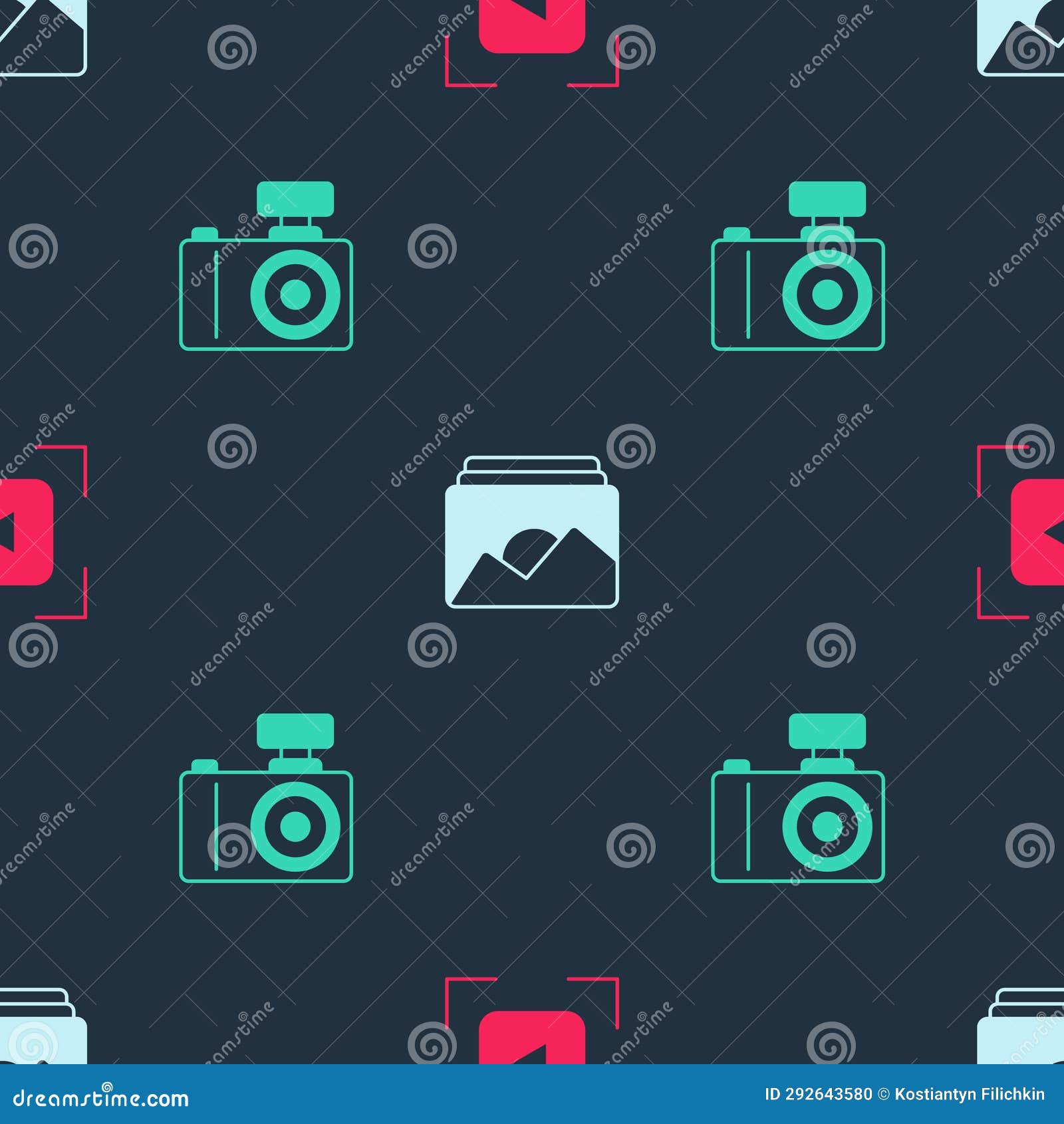 Set Camera Focus Frame Line, Photo and Camera on Seamless Pattern ...