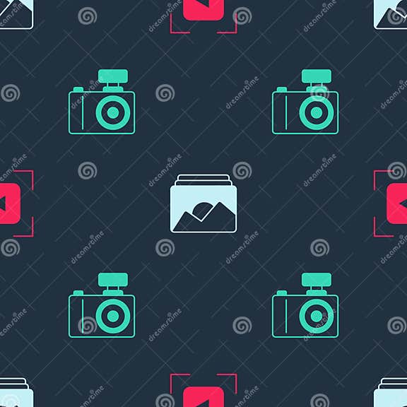 Set Camera Focus Frame Line, Photo and Camera on Seamless Pattern ...