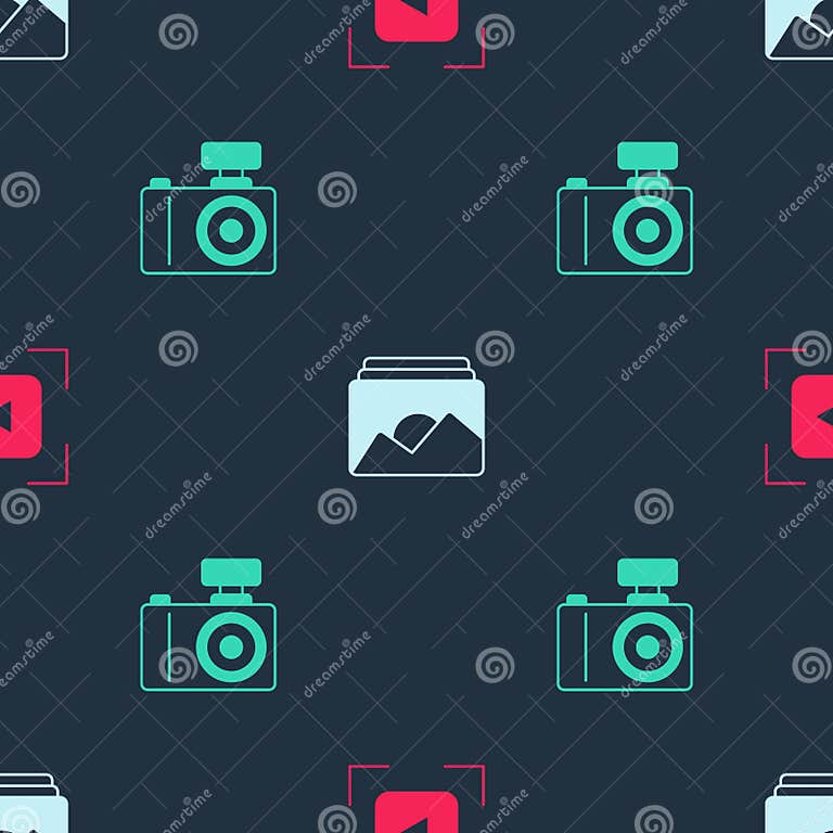 Set Camera Focus Frame Line, Photo and Camera on Seamless Pattern ...