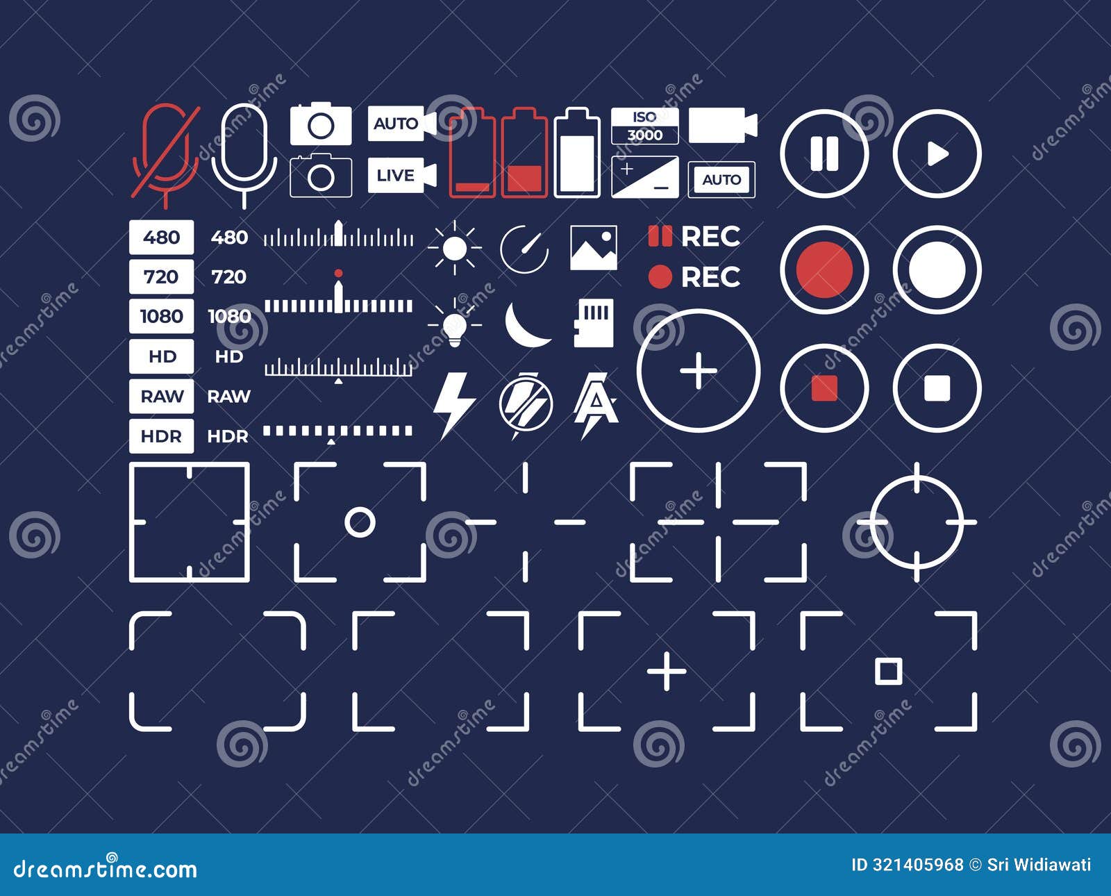 Set Camera Icon Microphone Battery Timer Flash Rec Spot Metering ...