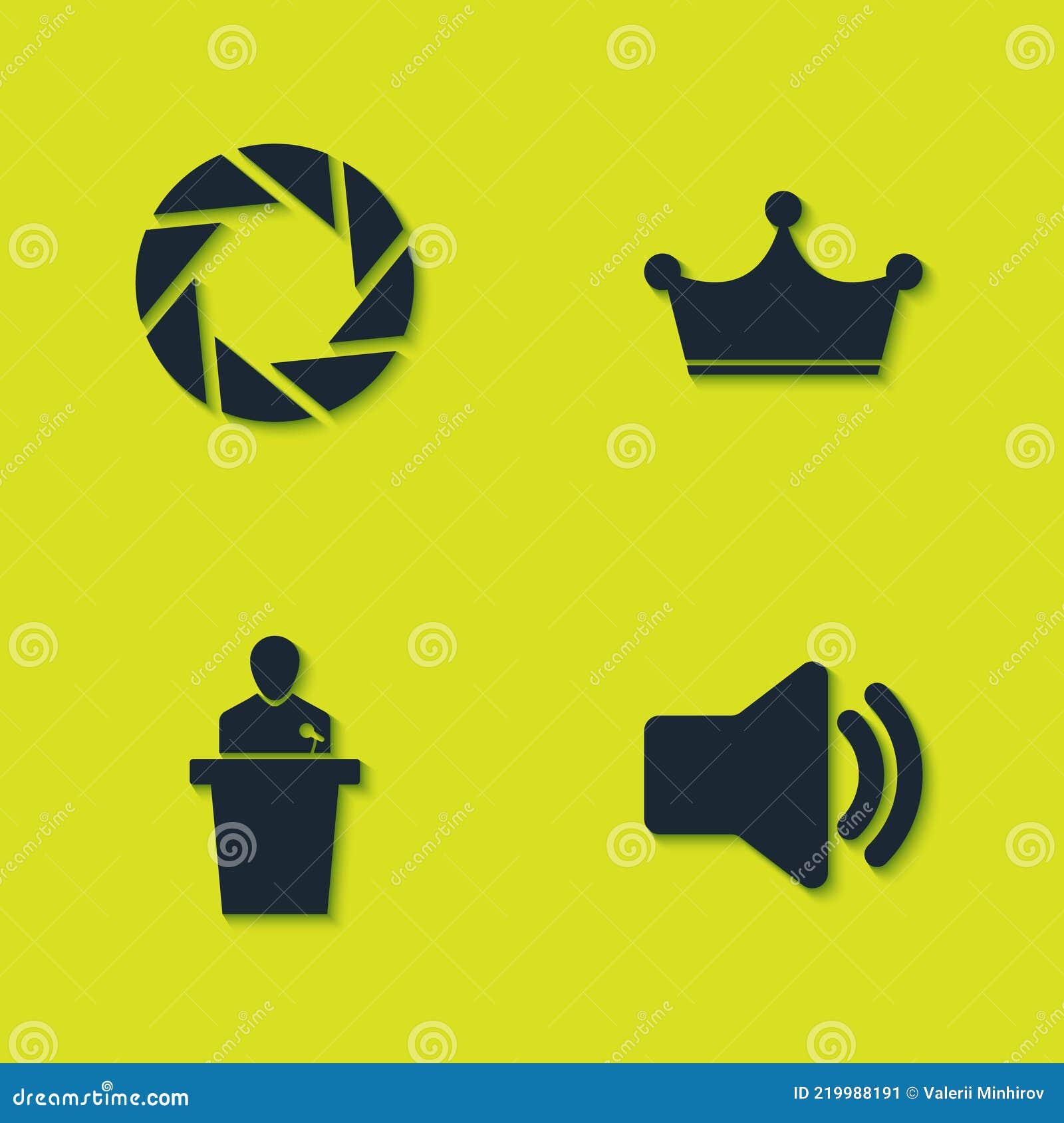 Set Camera Shutter, Speaker Volume, and Crown Icon. Vector Stock Vector ...