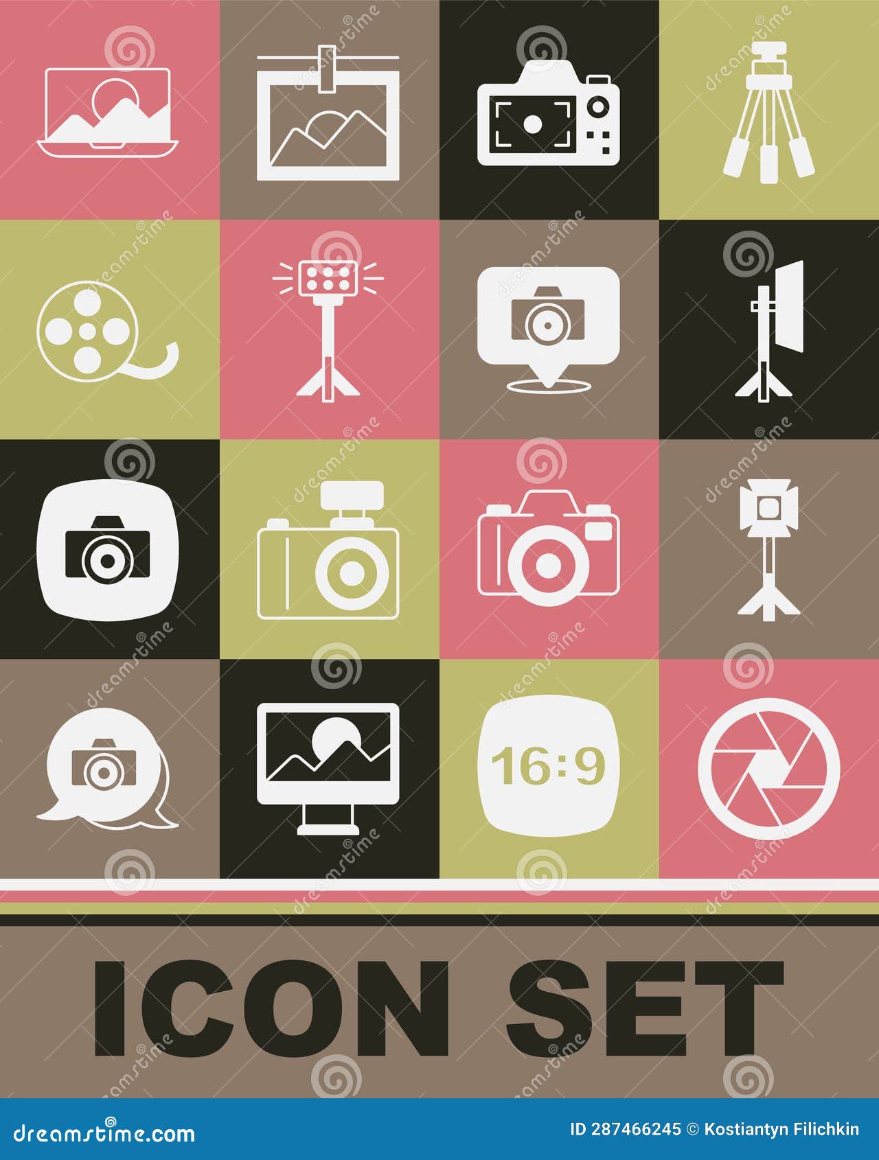 Set Camera Shutter, Studio Light Bulb in Softbox, Photo Camera, Film ...