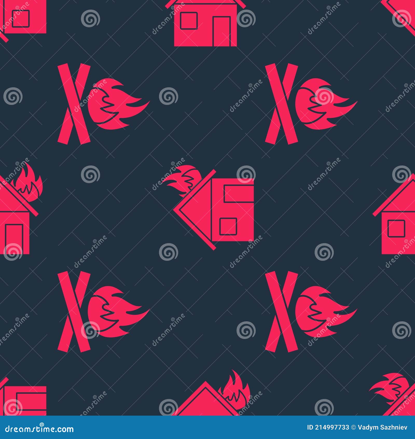 Set Campfire and Fire in Burning House on Seamless Pattern. Vector ...