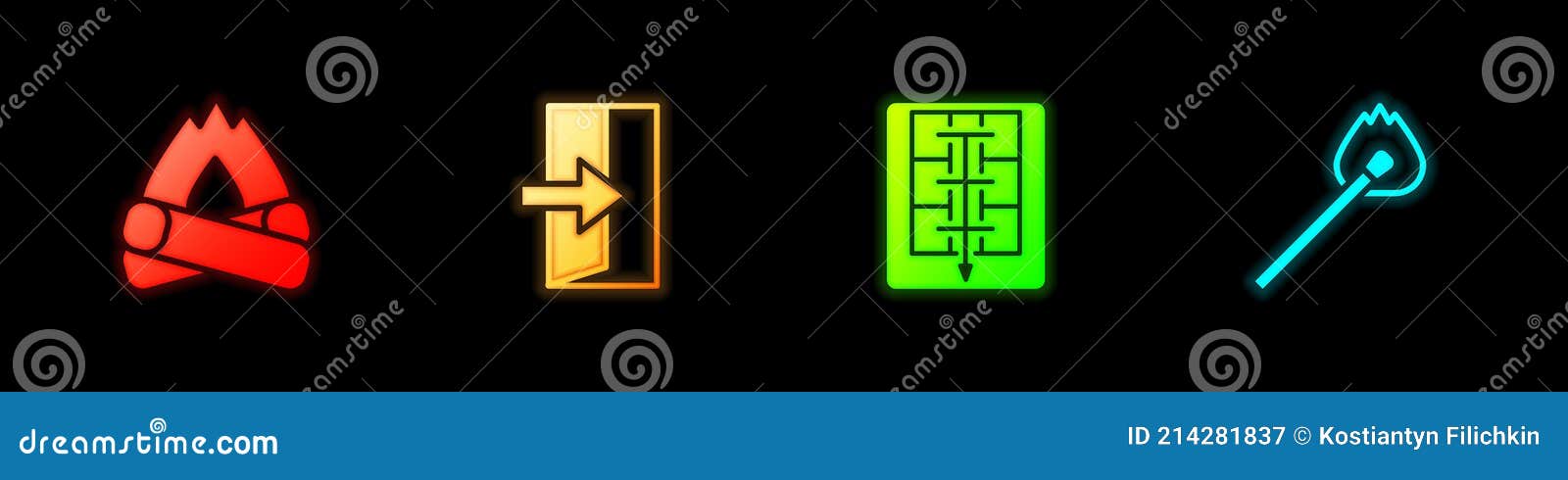 Set Campfire, Fire Exit, Evacuation Plan and Burning Match with Icon ...
