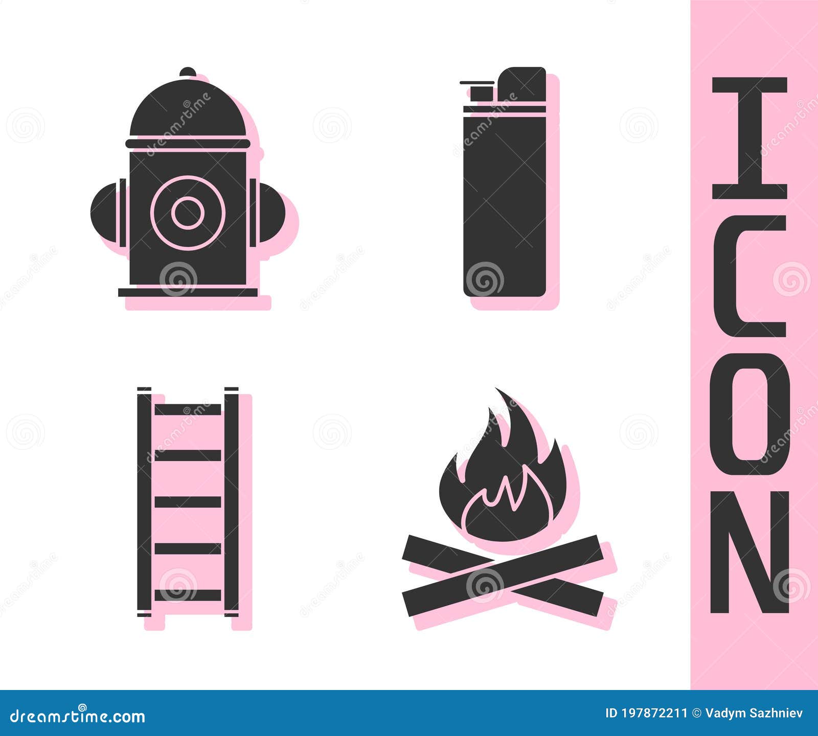 Set Campfire, Fire Hydrant, Fire Escape and Lighter Icon. Vector Stock ...
