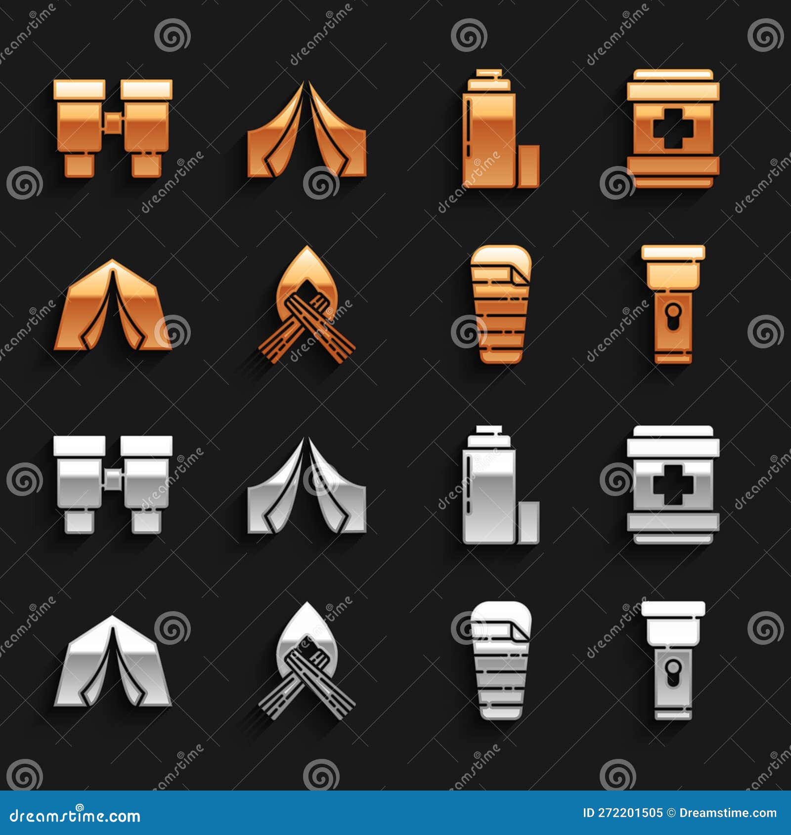 Set Campfire, First Aid Kit, Flashlight, Sleeping Bag, Tourist Tent ...