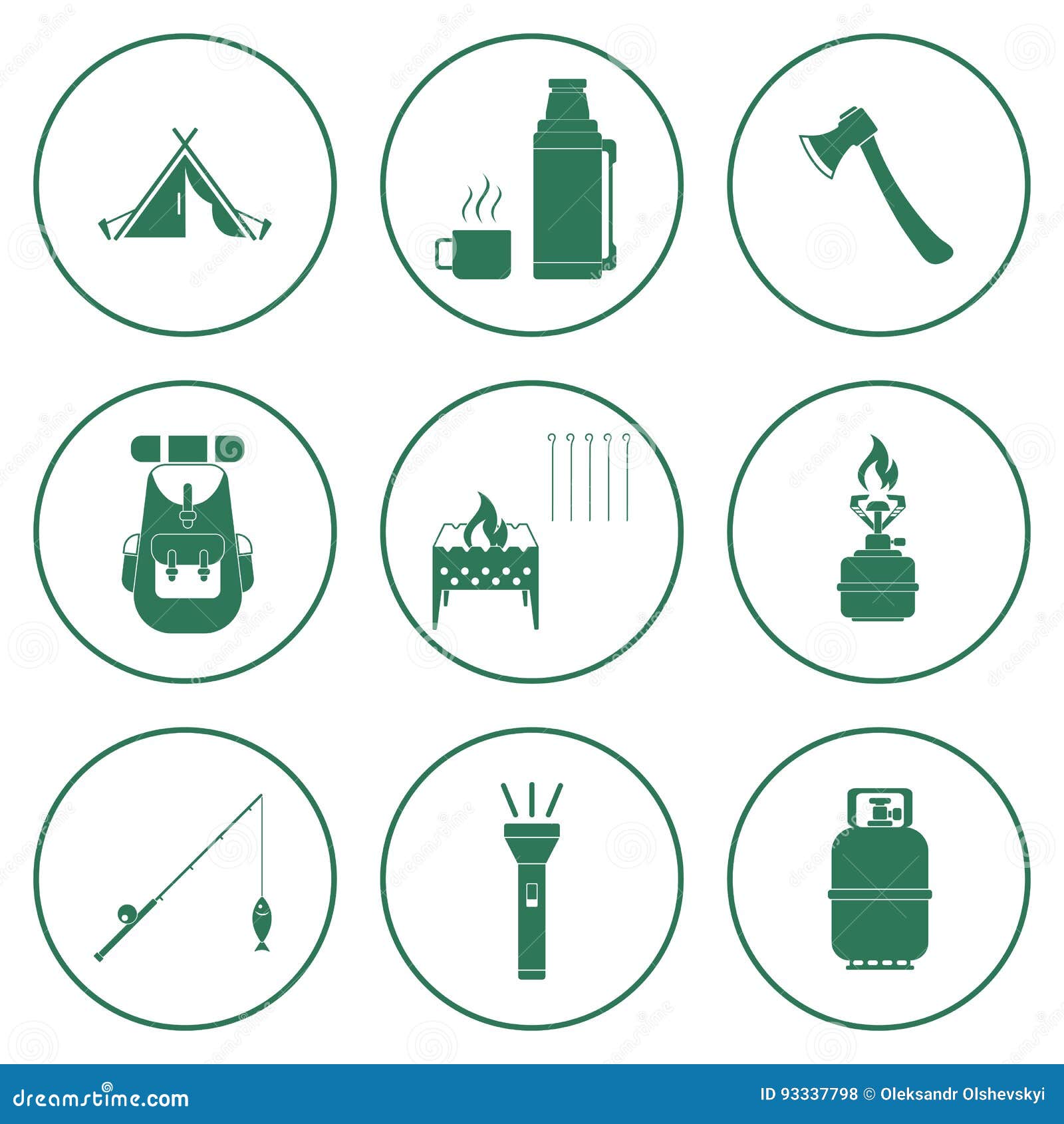 Set of Camping Equipment Icons Stock Vector - Illustration of forest ...