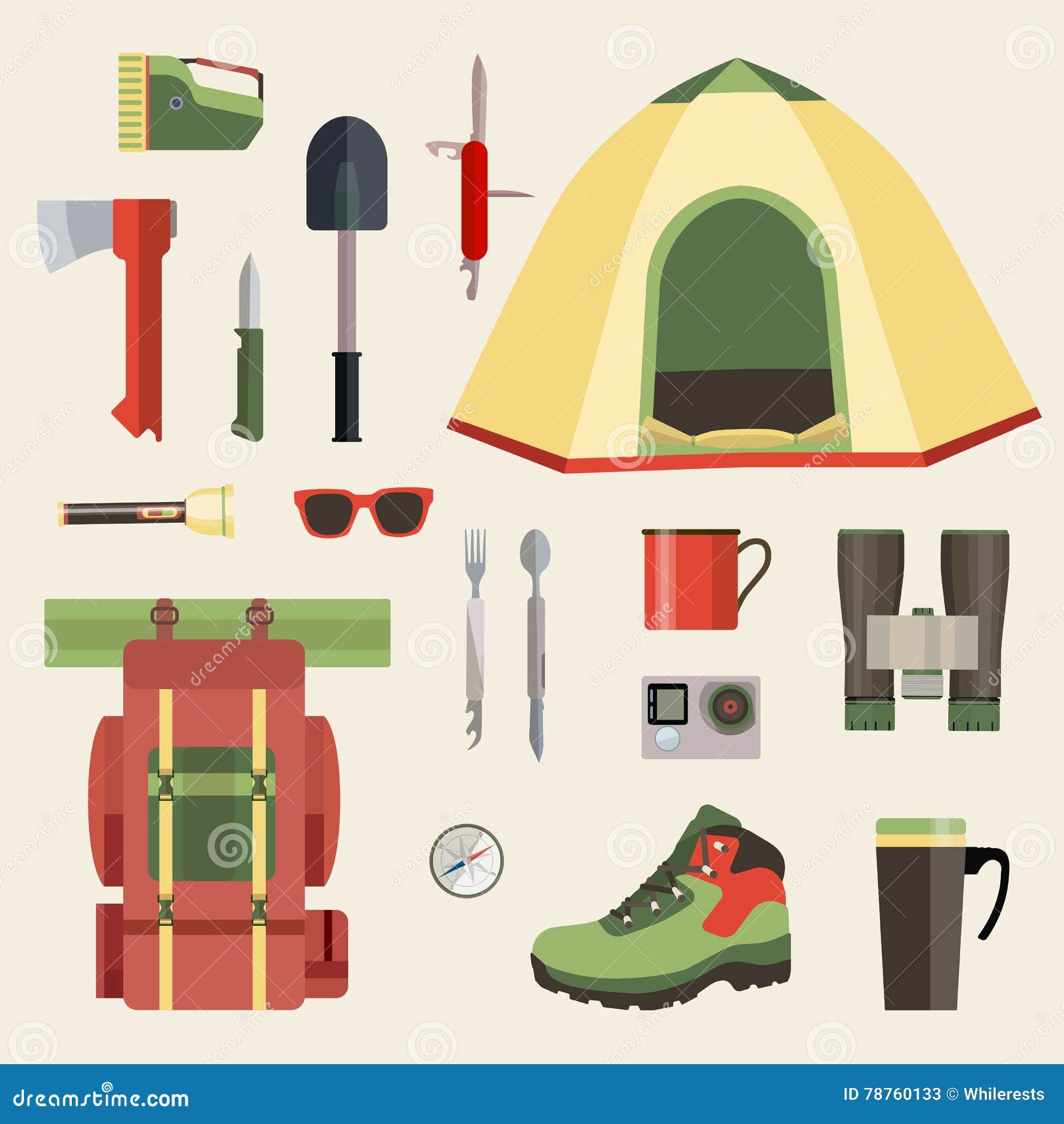 Set of Camping Equipment Symbols, Icons and Tools. Vector Illustration ...