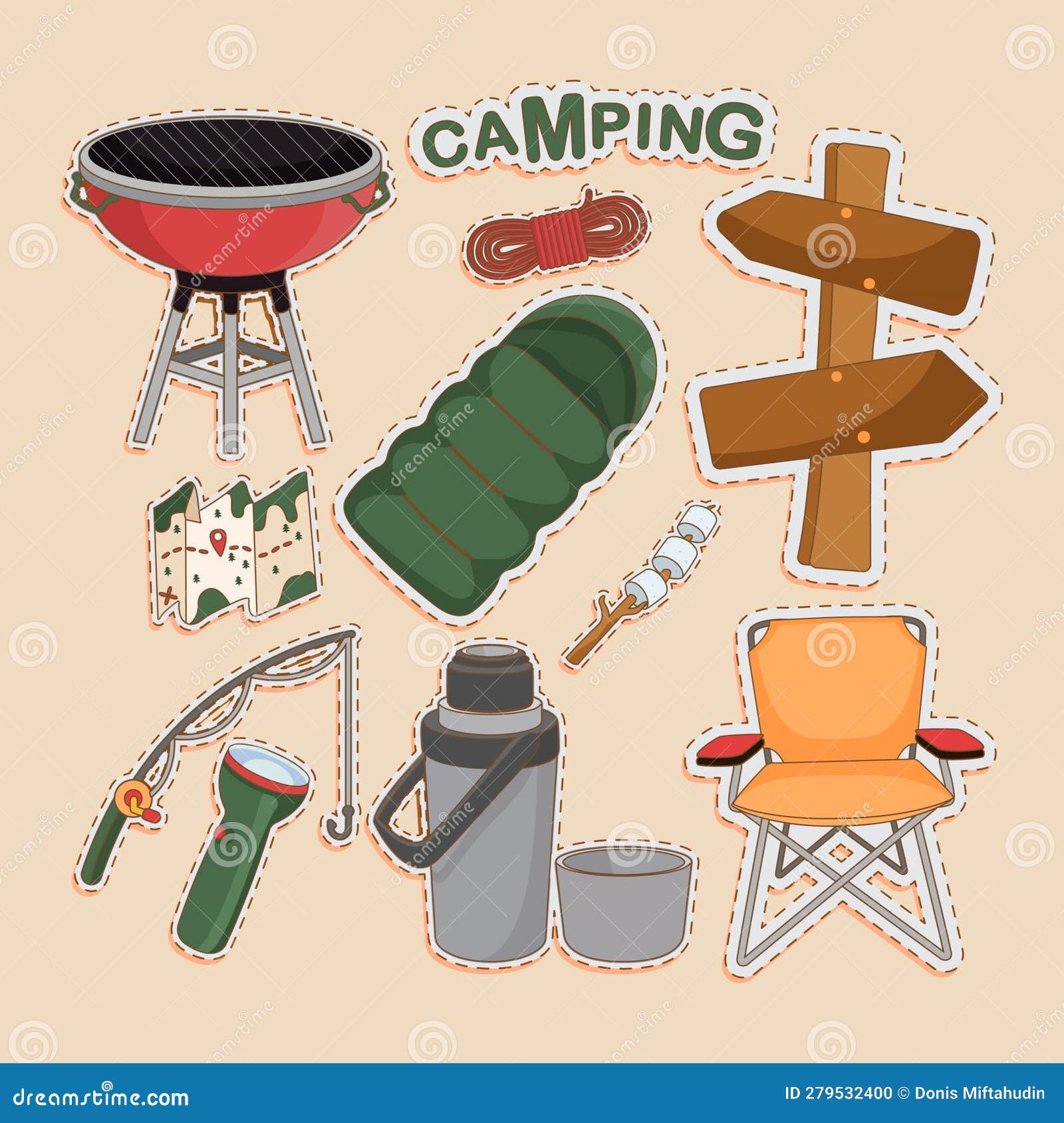 Set of Camping Equipment. Vector Illustration in Cartoon Style. Stock ...