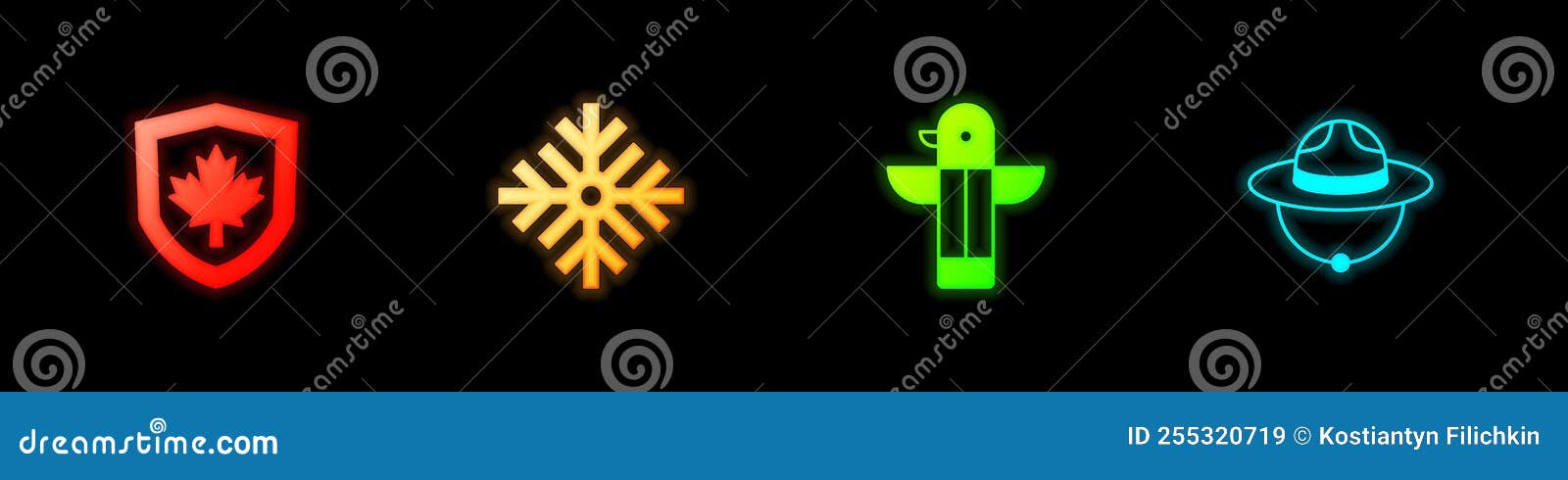 Set Canada Flag on Shield, Snowflake, Canadian Totem Pole and Ranger ...