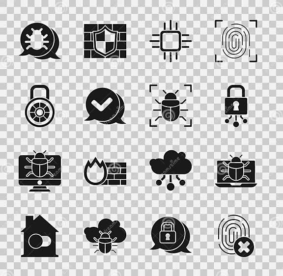 Set Cancelled Fingerprint, System Bug on Monitor, Cyber Security, Processor with Microcircuits ...