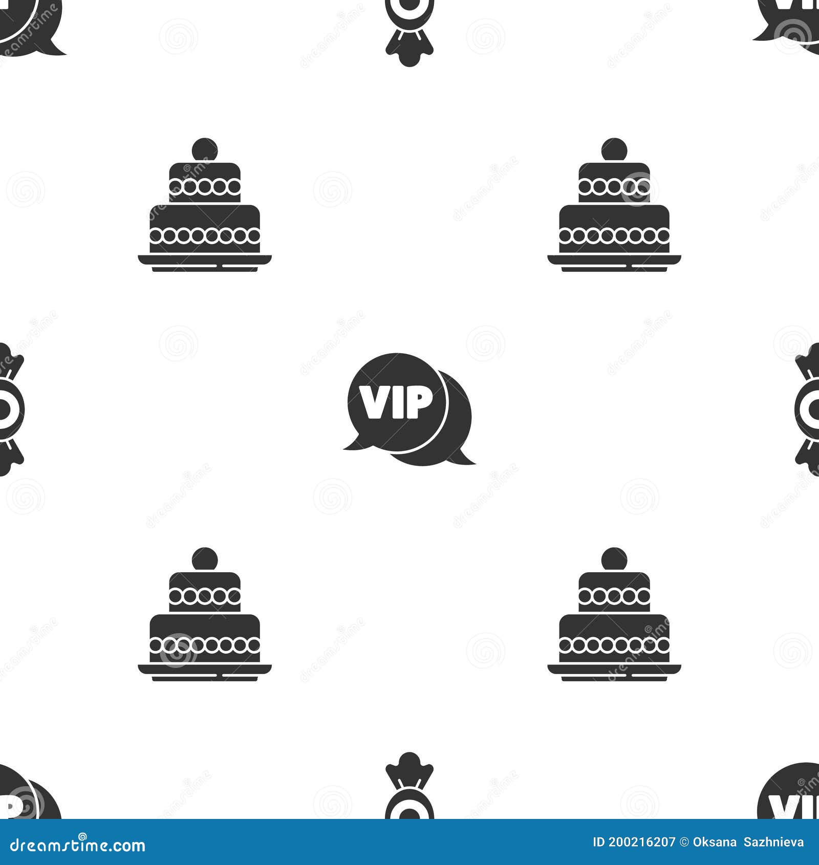 Set Candy, Vip in Speech Bubble and Cake on Seamless Pattern. Vector ...
