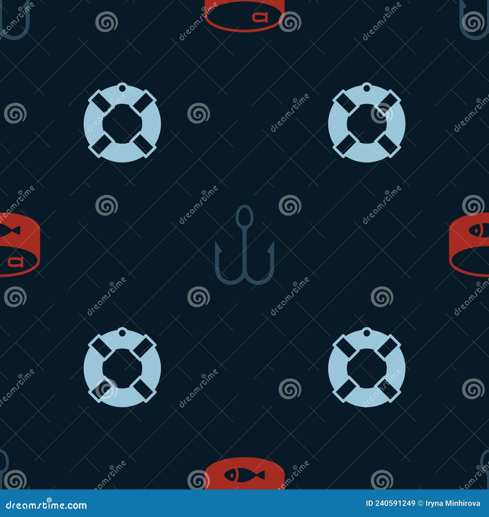 Set Canned Fish, Fishing Hook and Lifebuoy on Seamless Pattern. Vector ...