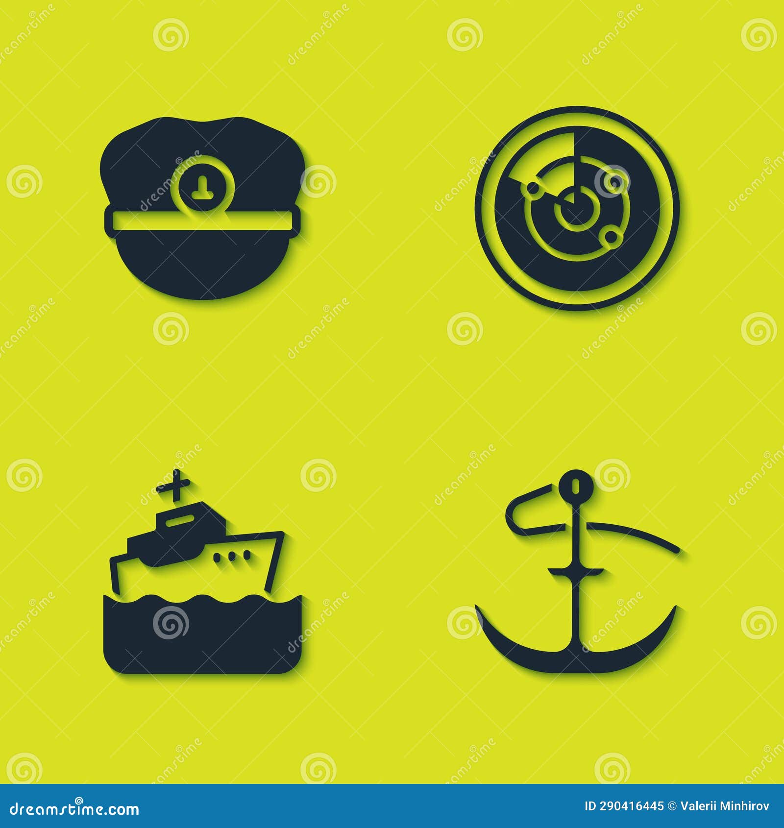 Set Captain Hat, Anchor, Cruise Ship and Radar with Targets Icon ...