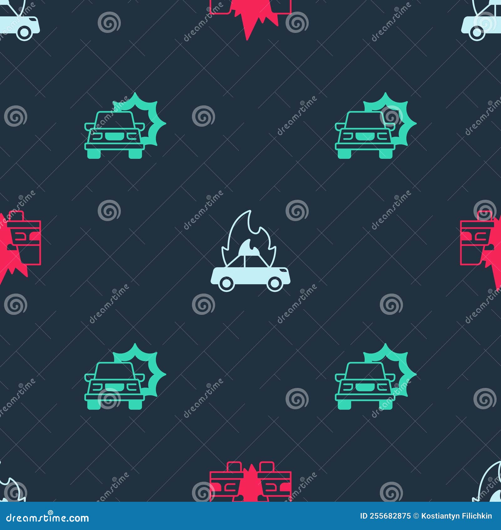 Set Car Accident, Burning Car and on Seamless Pattern. Vector Stock ...