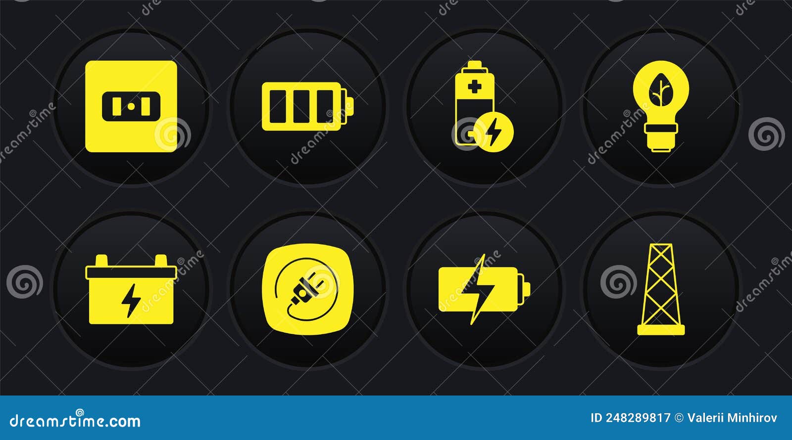 Set Car Battery, Light Bulb with Leaf, Electric Plug, Battery, Antenna ...