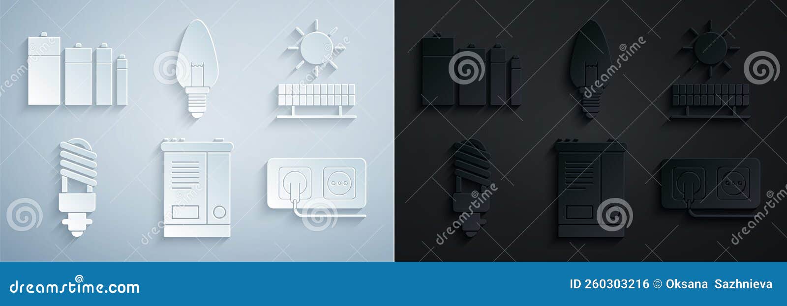 Set Car Battery, Solar Energy Panel and Sun, LED Light Bulb, Electrical ...