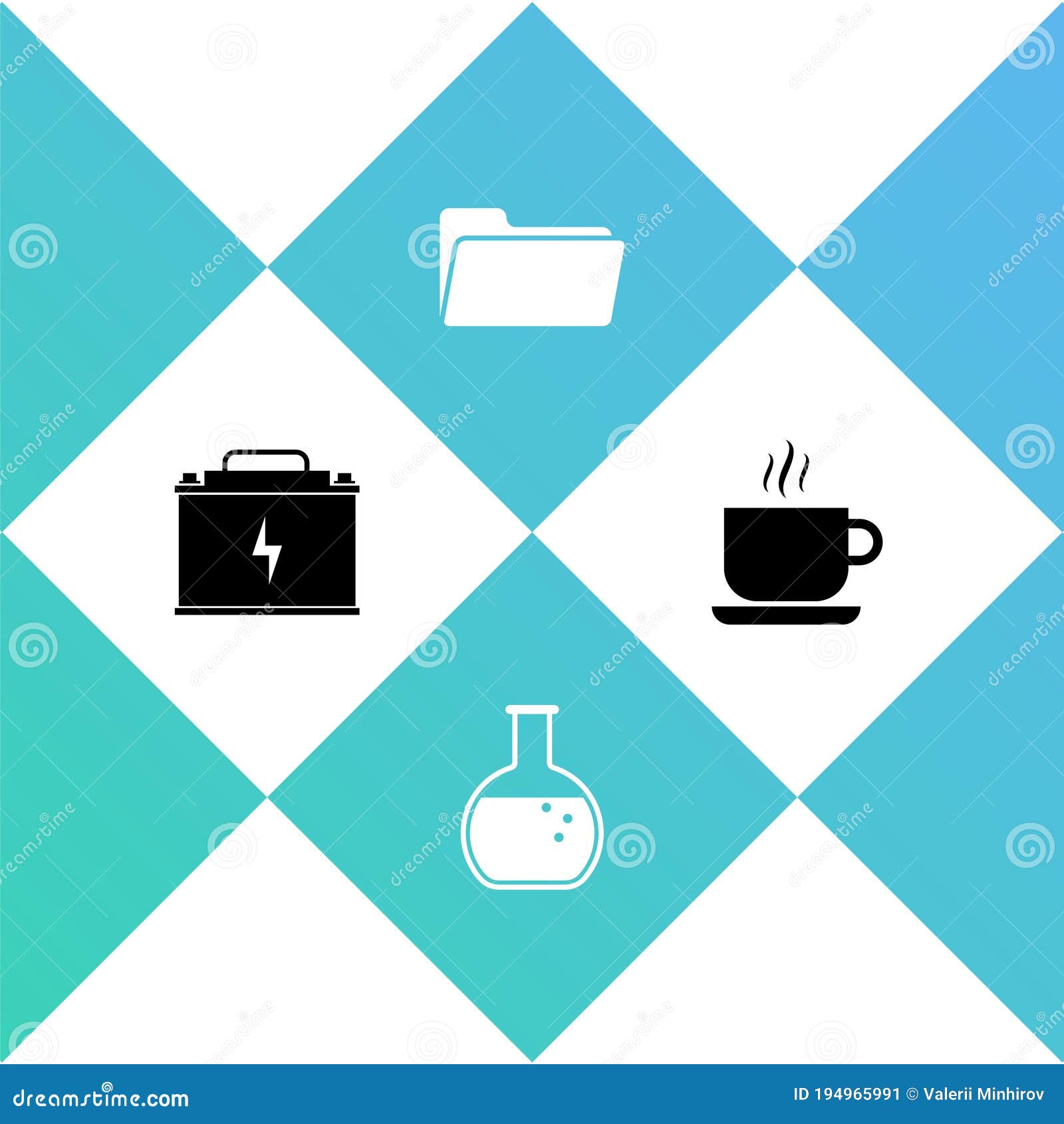 Set Car Battery, Test Tube and Flask, Folder and Coffee Cup Icon ...