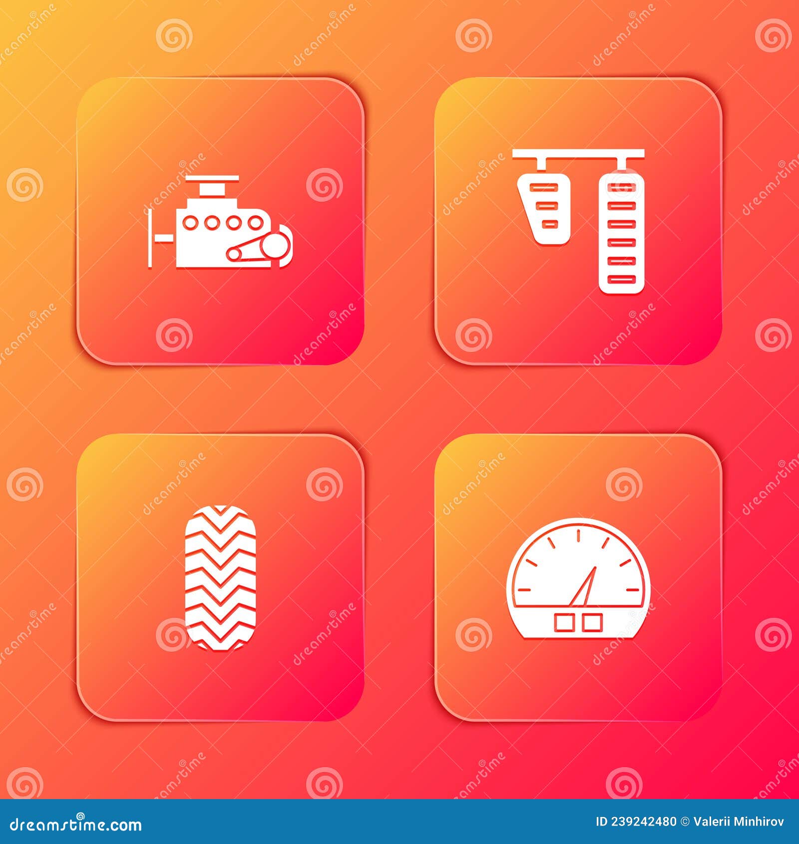 Set Car Engine, Gas and Brake Pedals, Tire and Speedometer Icon. Vector ...