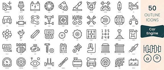 Set of Car Engine Icons. Thin Linear Style Icons Pack Stock Vector - Illustration of silhouette ...