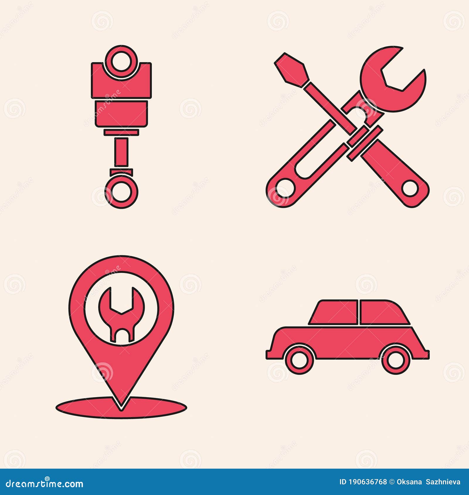 Set Car, Engine Piston, Screwdriver and Wrench Tools and Car Service ...