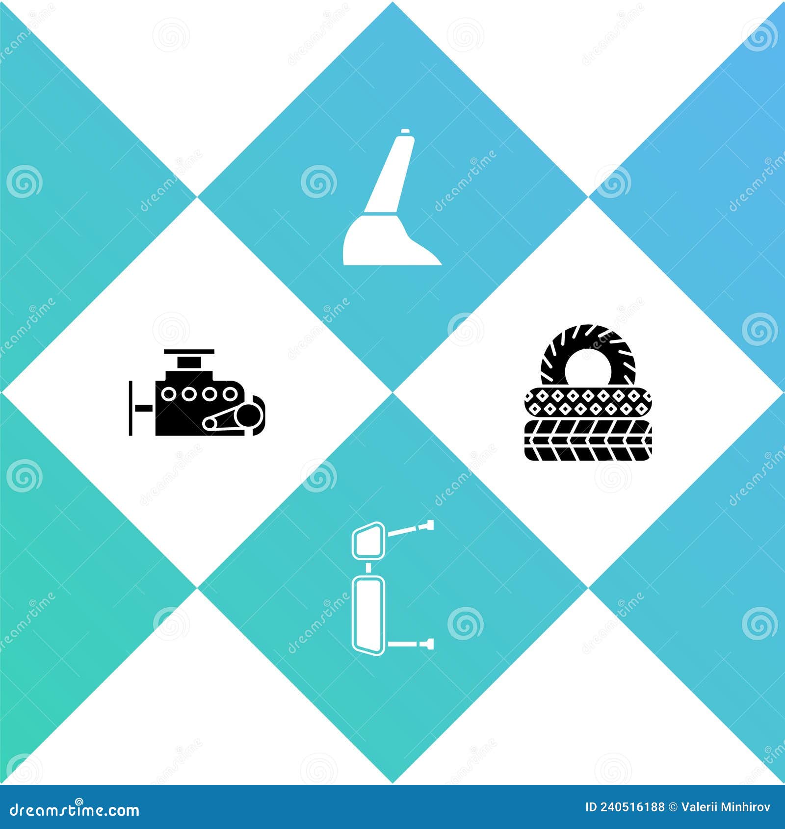 Set Car Engine, Truck Side Mirror, Handbrake and Tire Icon. Vector ...