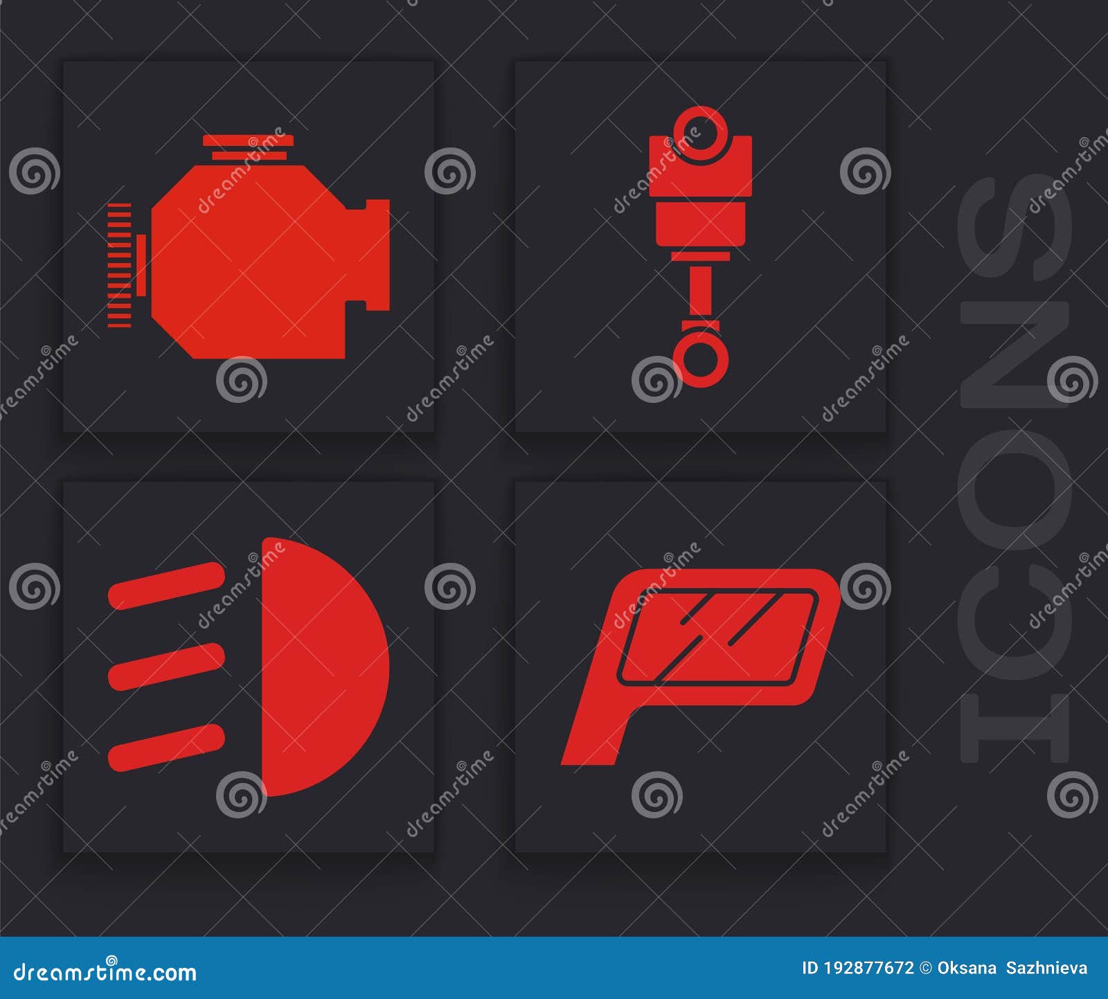 Set Car Mirror, Check Engine, Engine Piston and High Beam Icon. Vector ... Set Car Mirror, Check Engine, Engine Piston and High Beam Icon. Vector ...