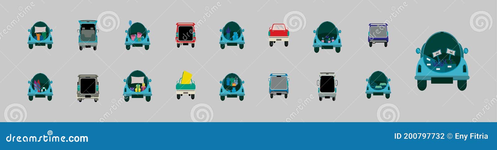 Set of Car with Open Boot. Cartoon Icon Design Template with Various ...
