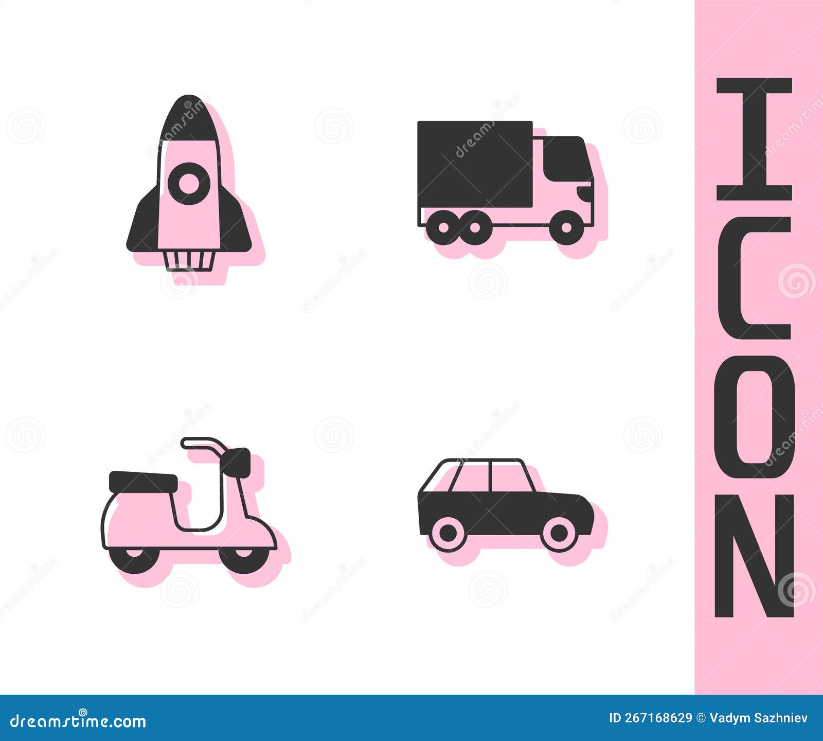 Set Car, Rocket Ship, Scooter and Delivery Cargo Truck Icon. Vector ...