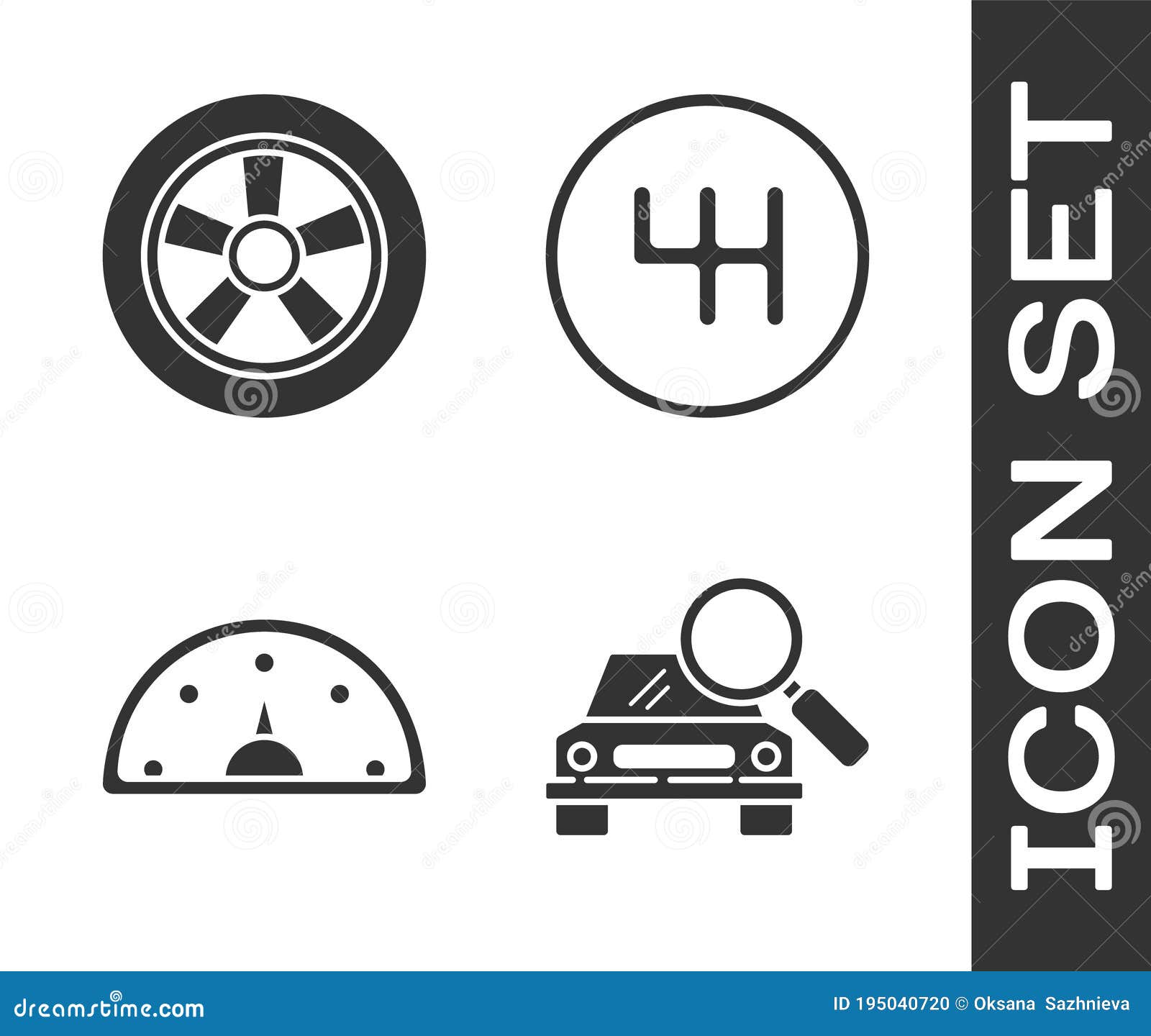Set Car Search, Car Wheel, Speedometer and Gear Shifter Icon. Vector ... Set Car Search, Car Wheel, Speedometer and Gear Shifter Icon. Vector ...