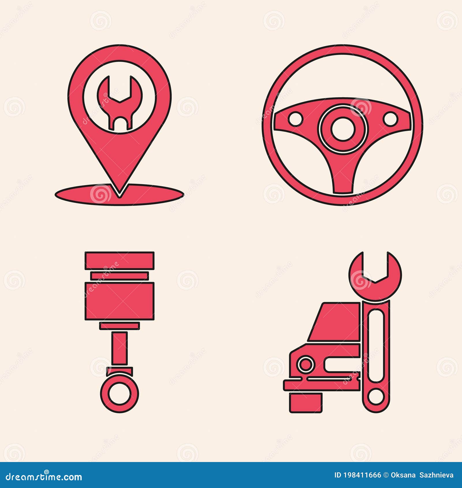 Set Car Service, Car Service, Steering Wheel and Engine Piston Icon ...