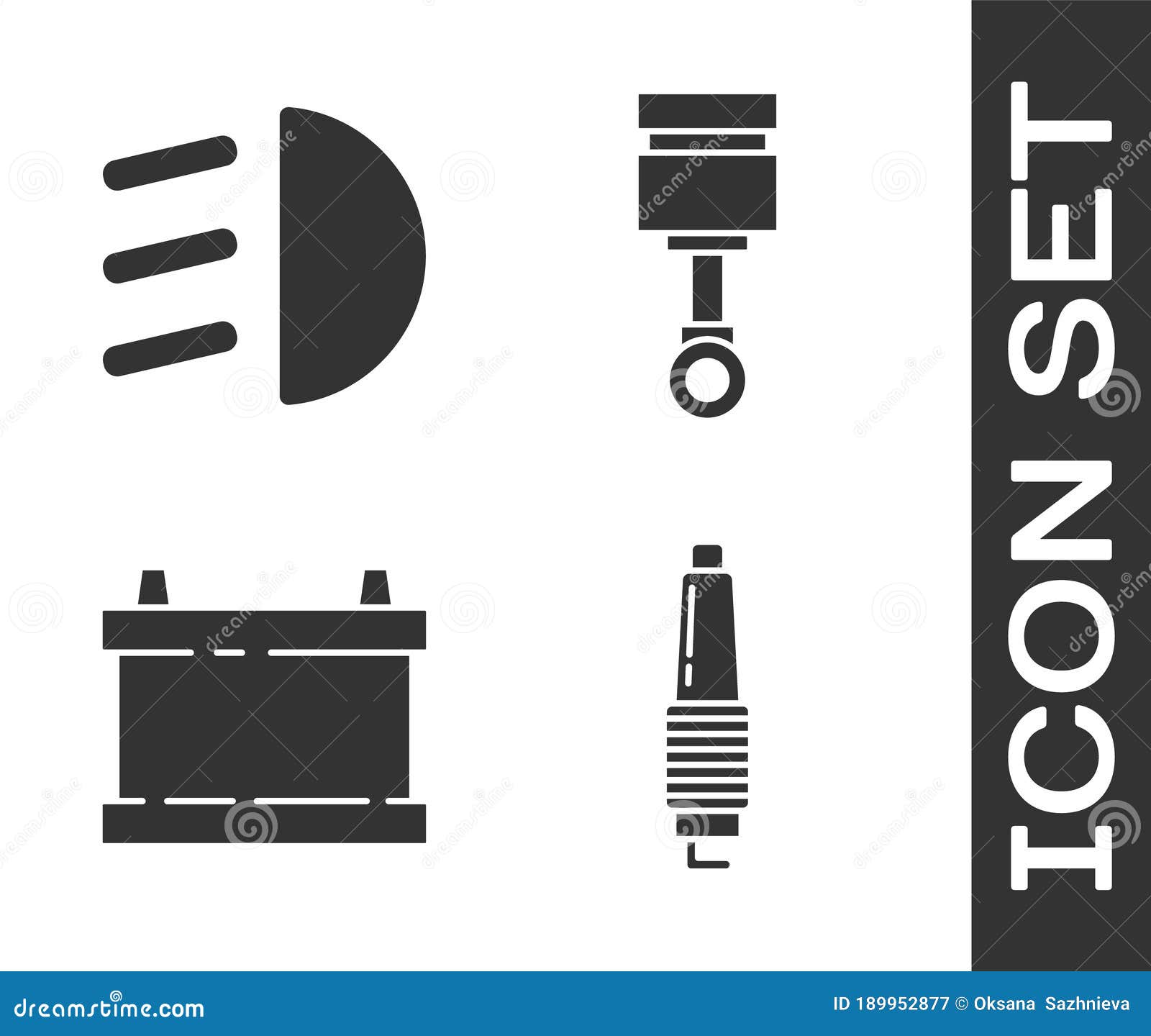 Set Car Spark Plug, High Beam, Car Battery and Engine Piston Icon ...