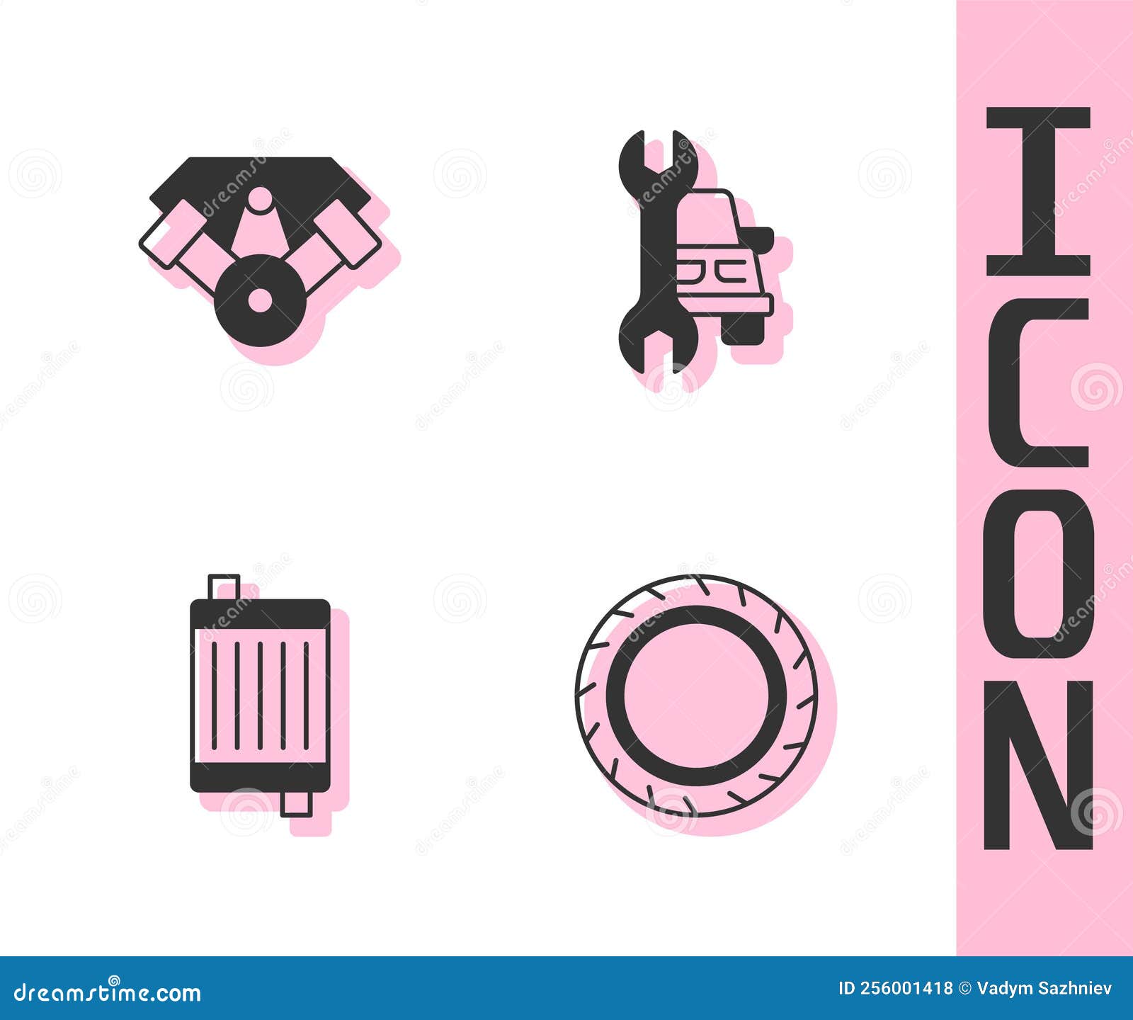 Set Car Tire Wheel, Power Car Engine, Radiator Cooling System and ...