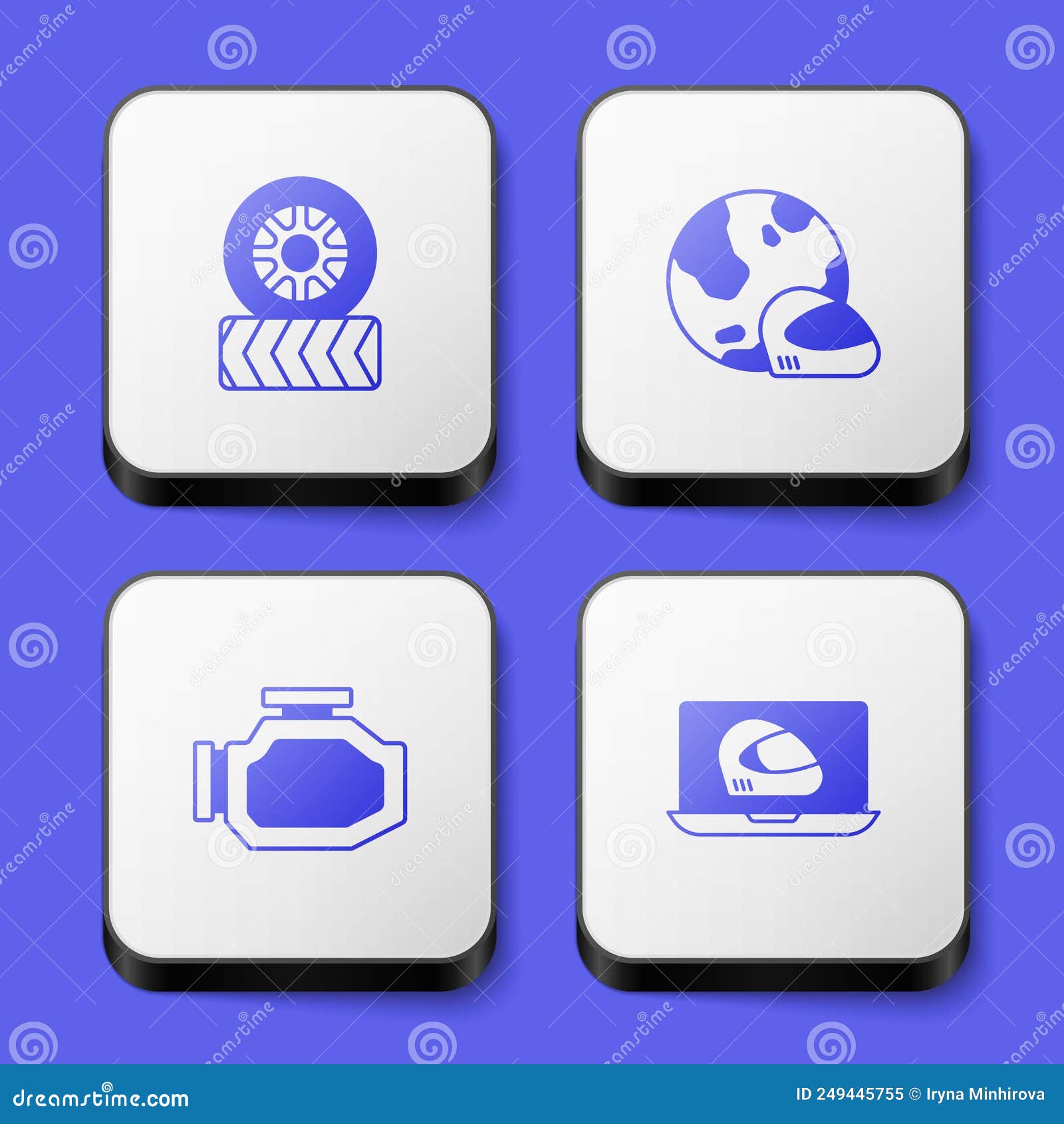 Set Car Tire Wheel, Racing Helmet, Check Engine and Icon. White Square ... Set Car Tire Wheel, Racing Helmet, Check Engine and Icon. White Square ...