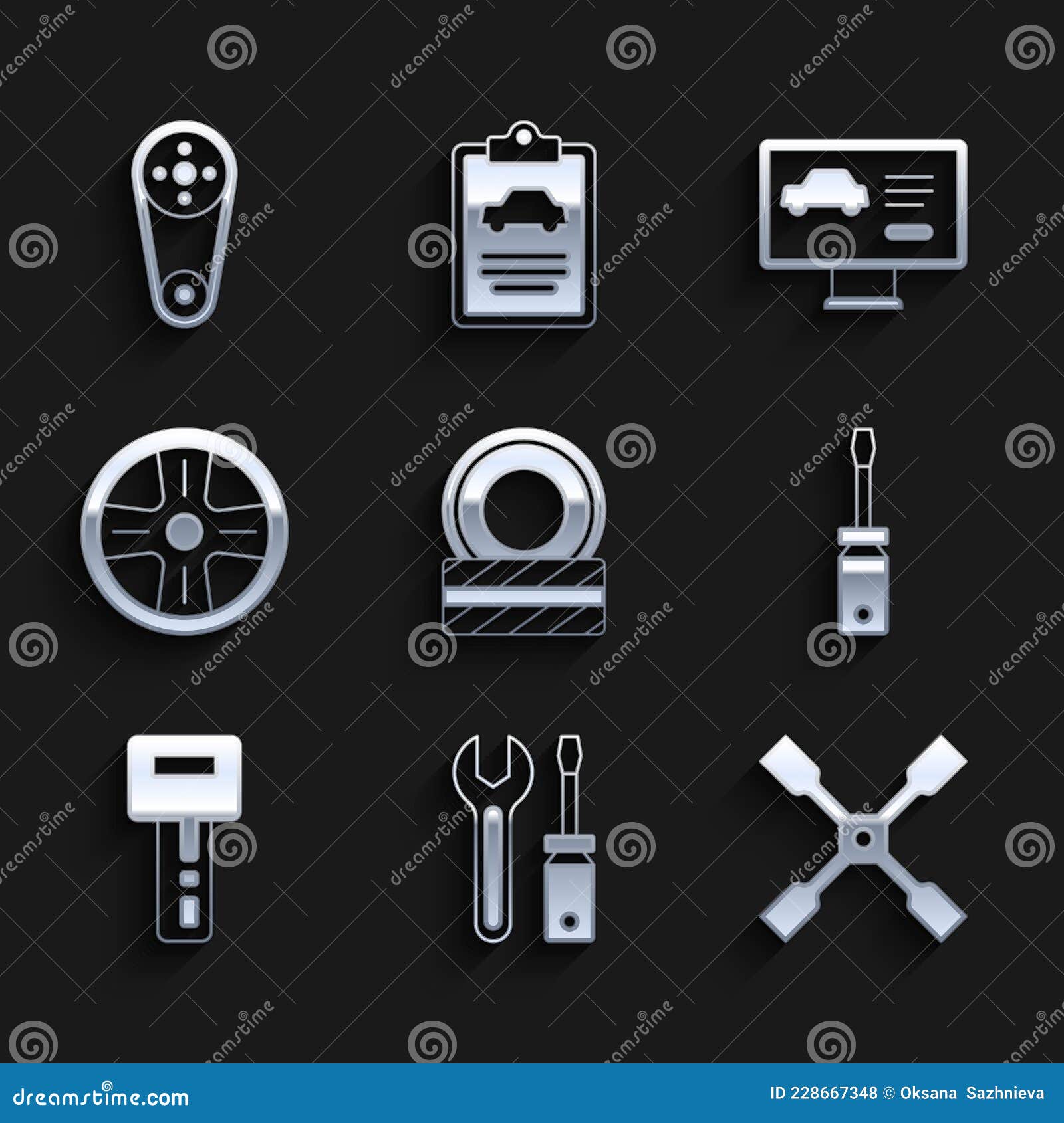 Set Car Tire Wheel, Screwdriver and Wrench Spanner, Wheel, Key with ... Set Car Tire Wheel, Screwdriver and Wrench Spanner, Wheel, Key with ...