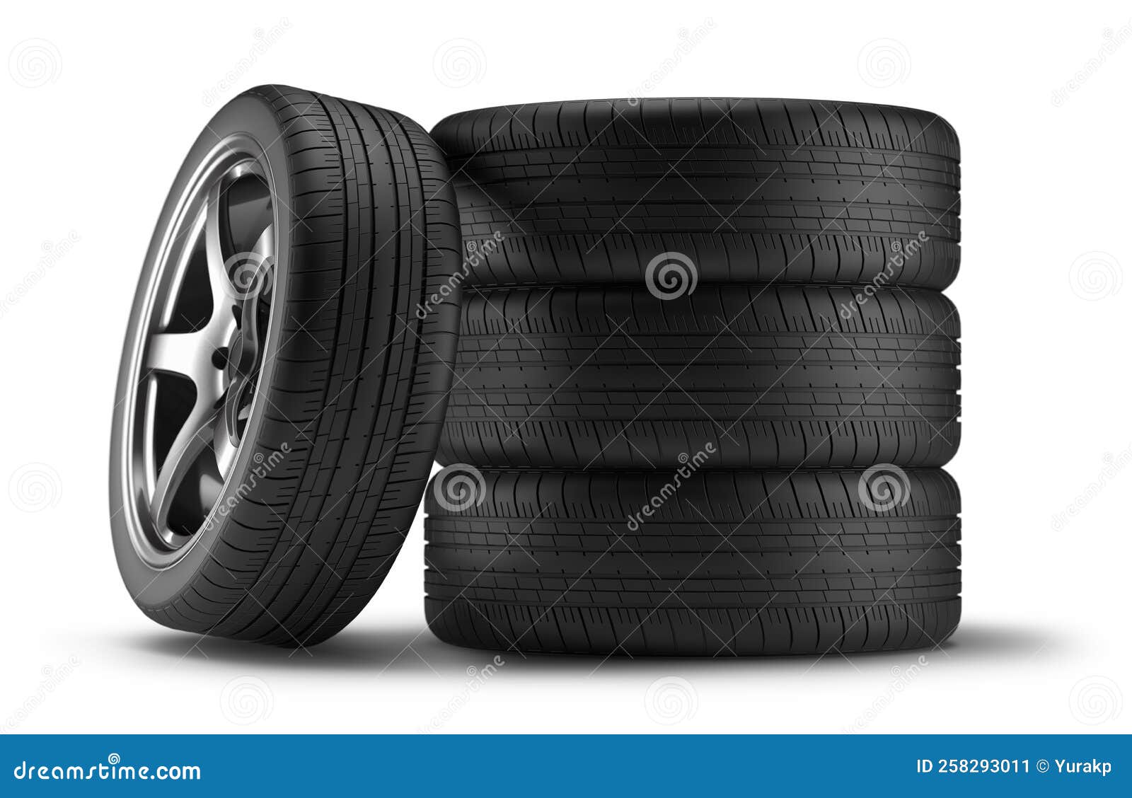 Set of Car Tires and Wheels Isolated on a White Background. 3d ...