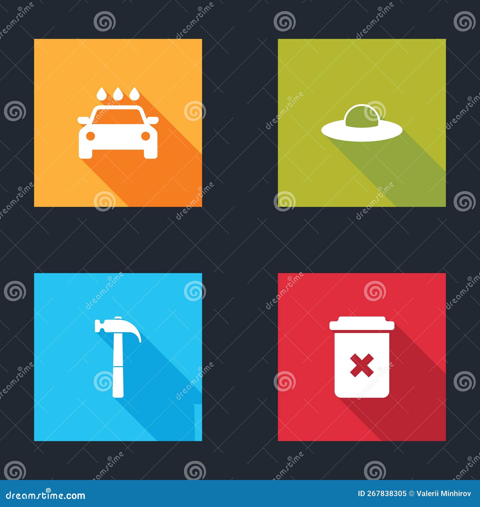 Set Car Wash, UFO Flying Spaceship, Hammer and Trash Can Icon. Vector ... Set Car Wash, UFO Flying Spaceship, Hammer and Trash Can Icon. Vector ...